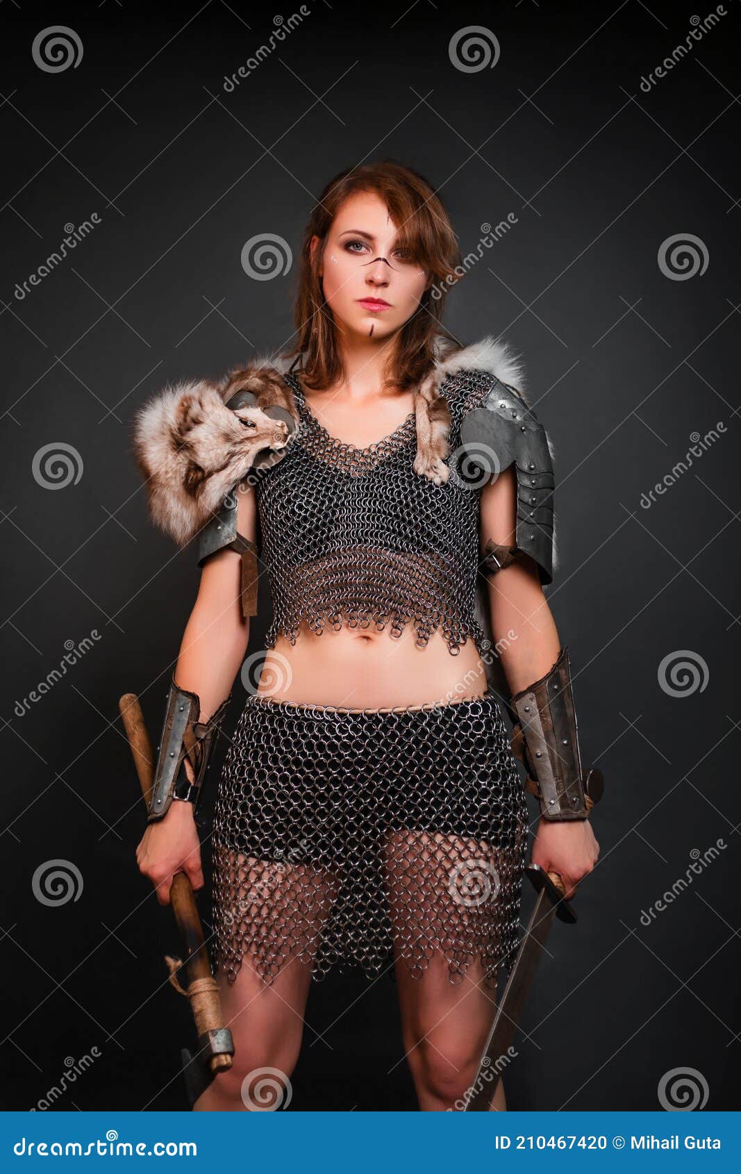 Barbarian Woman Warrior In Chainmail Armor With Bracers Armor Shoulder