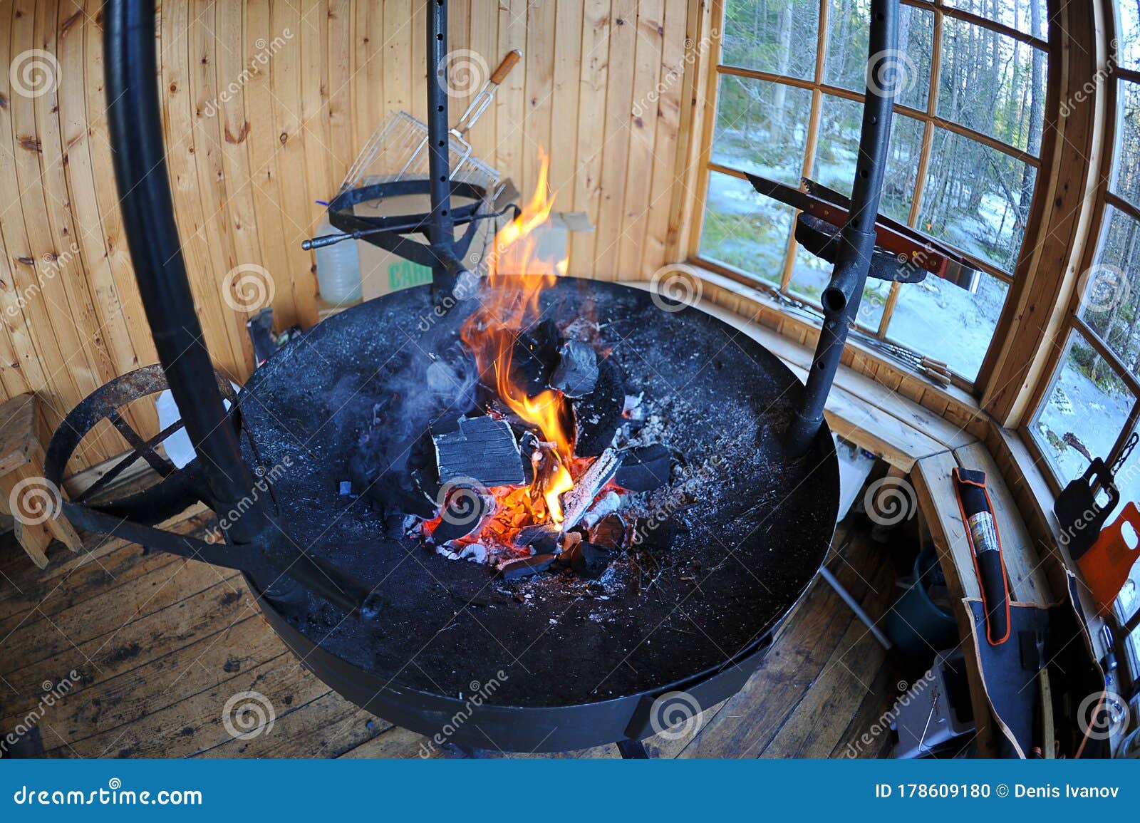 Barbecue with Burning Coals in a Wooden House Stock Photo - Image of ...