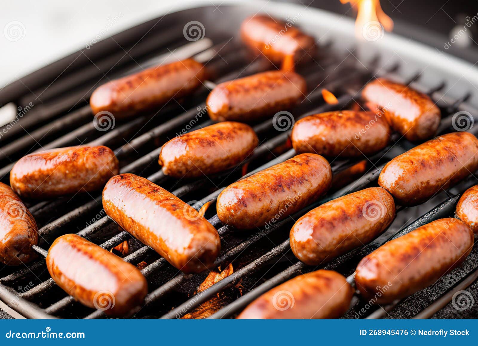 Barbecue with Burning Sausages on the Grill Stock Photo - Image of ...