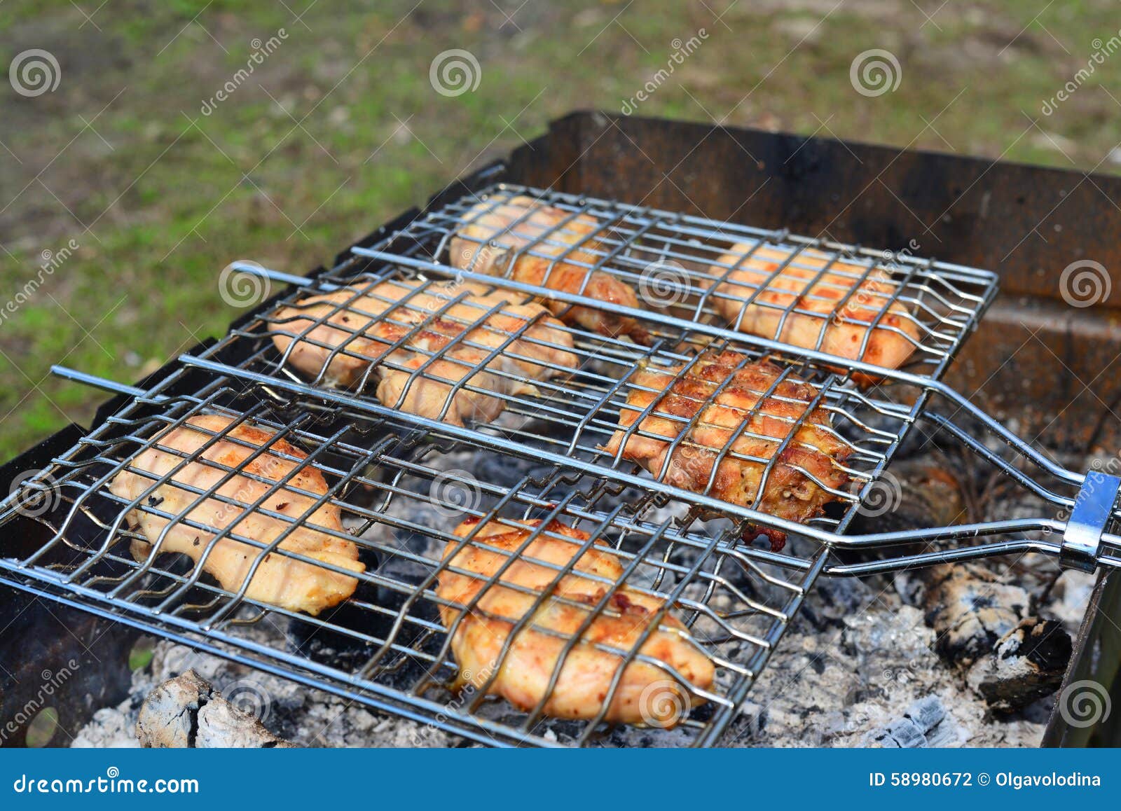 Barbecue Chicken Over an Open Fire in Summer Stock Photo - Image of ...
