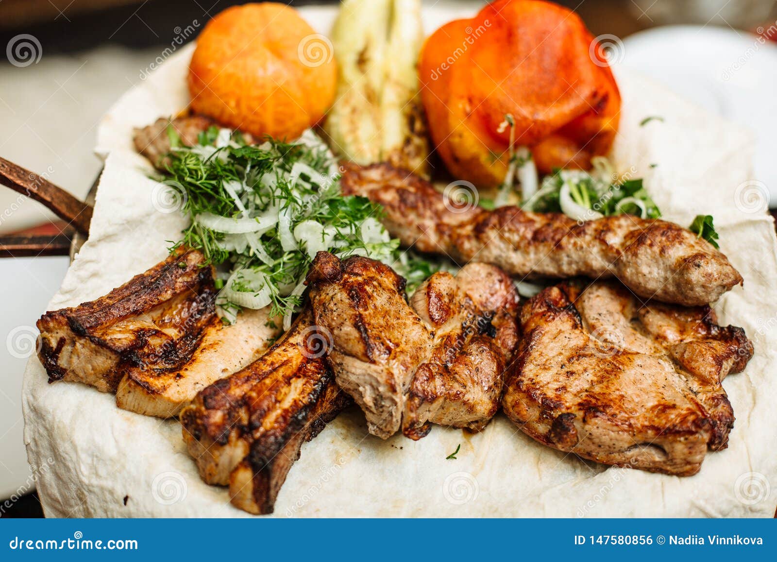 Barbecue, Cooked Different Meat with Grilled Vegetables Stock Photo ...