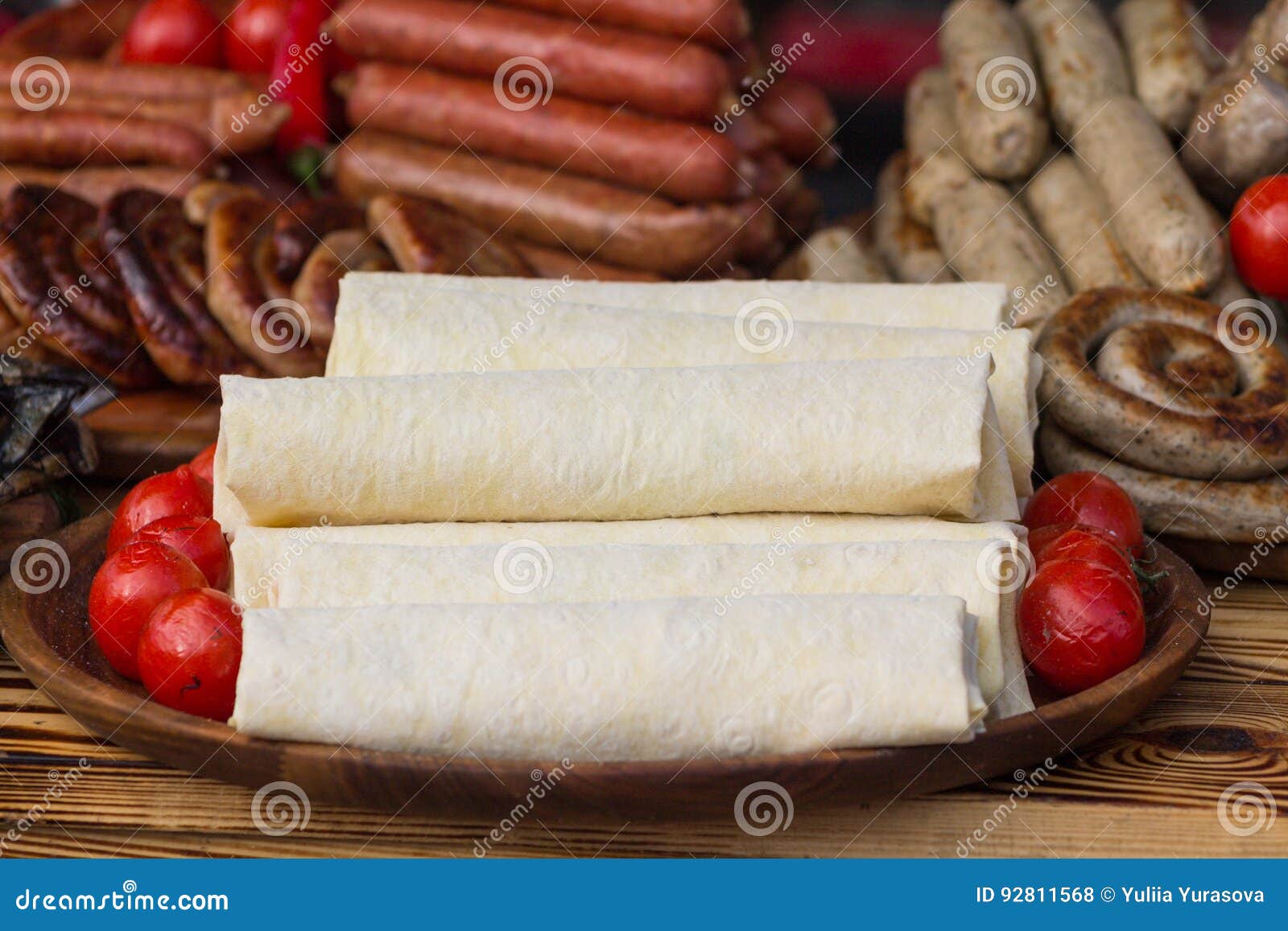 Barbecue Fried Meat and Tomato Rolls Stock Photo - Image of fastfood ...