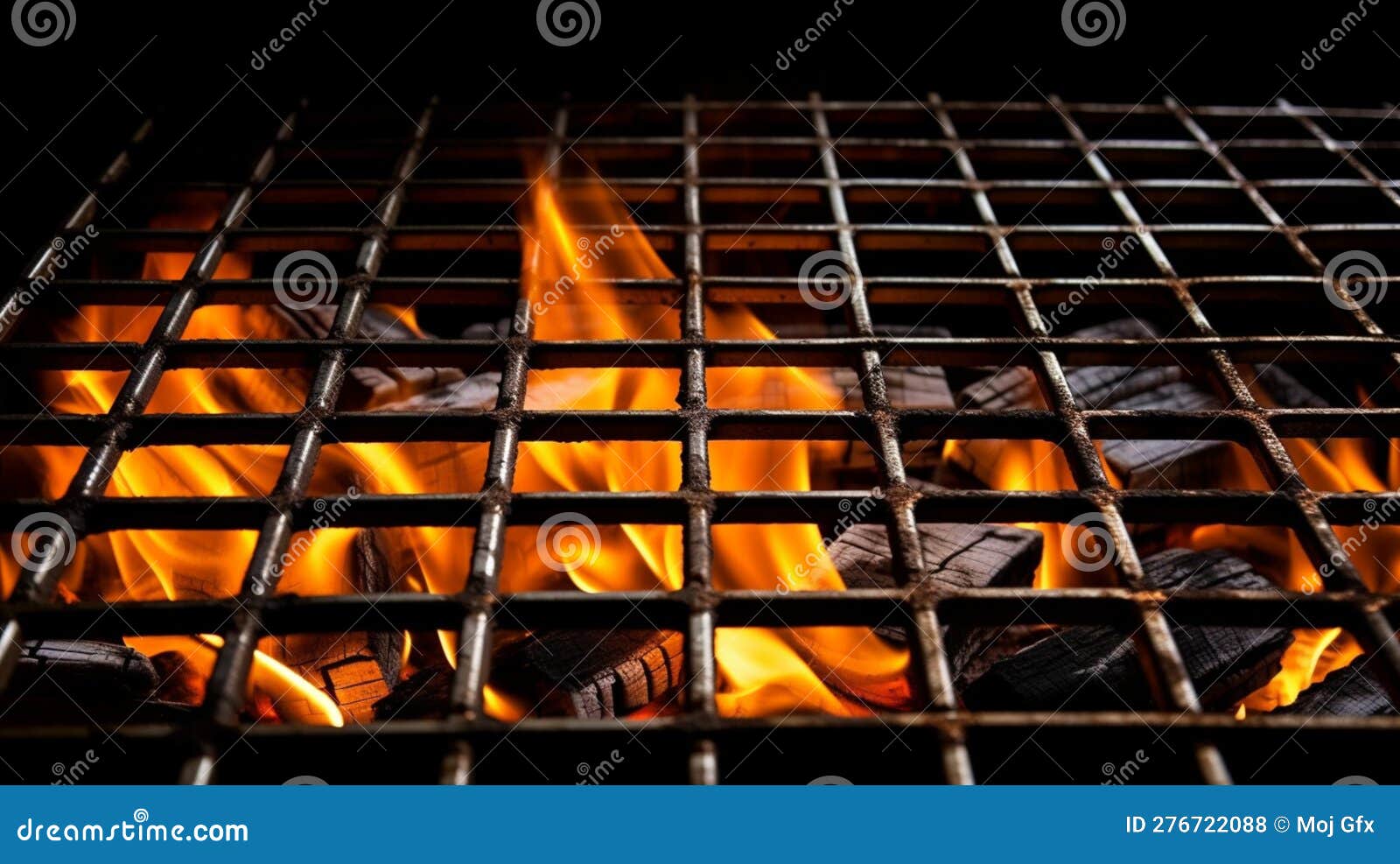 Barbecue Grill with Fire Flames - Empty Fire Grid on Black Background ...