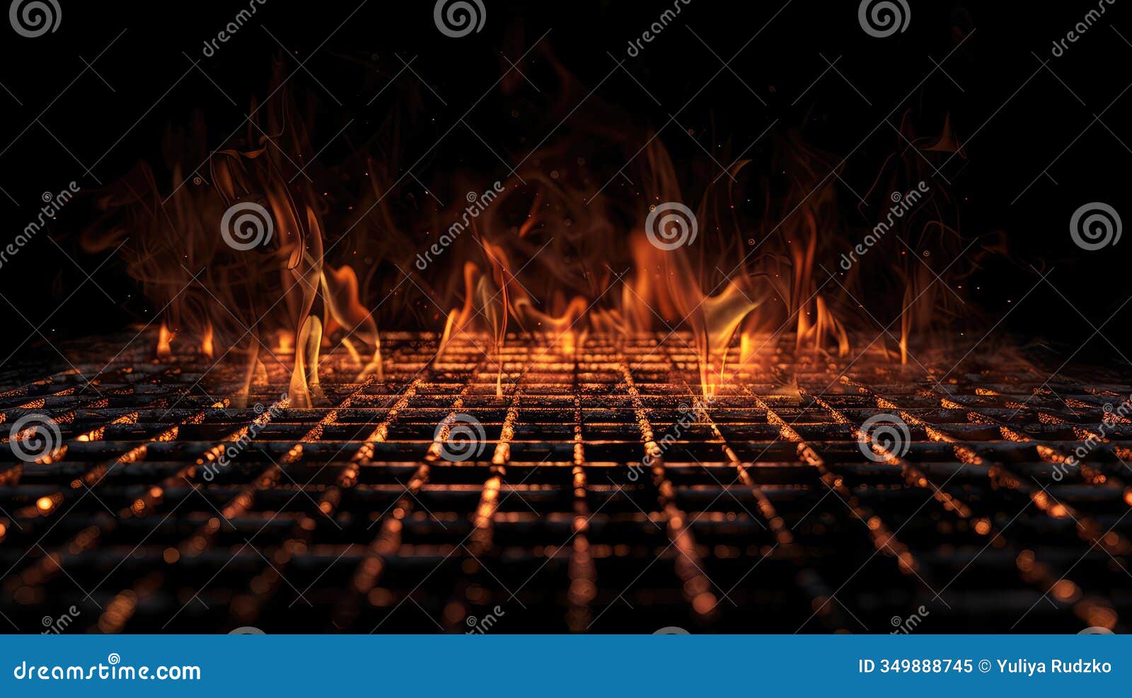 Barbecue Grill with Fire Flames - Empty Fire Grid on a Black Background ...