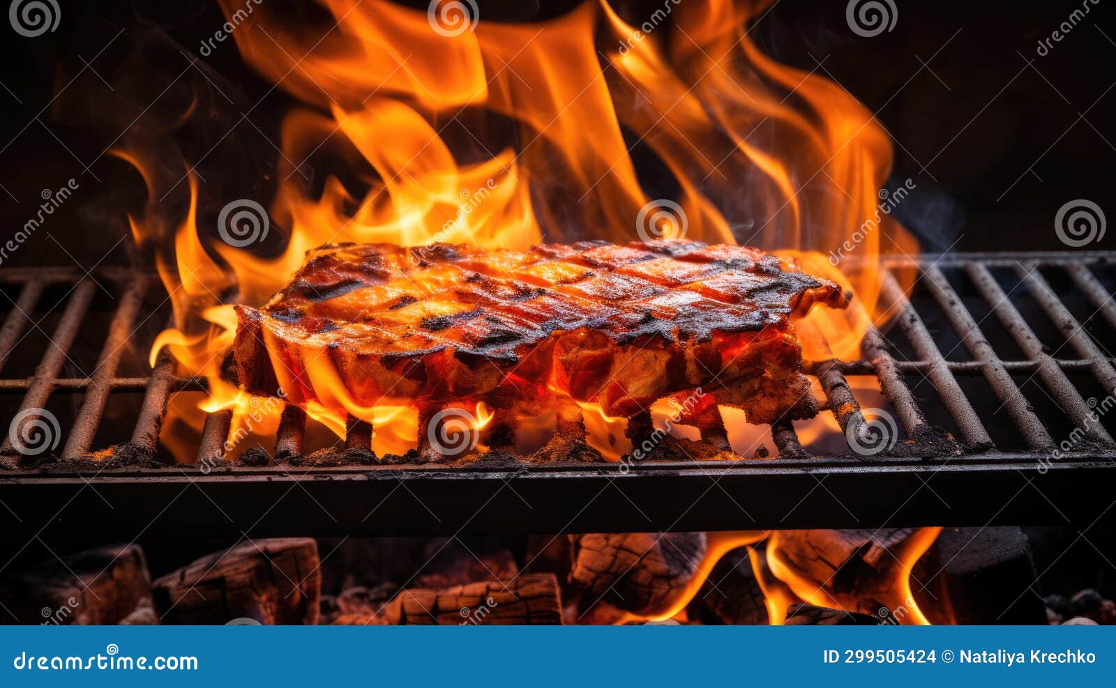 Barbecue Grill with Fire Flames. Meat on Fire Grid Stock Photo - Image ...