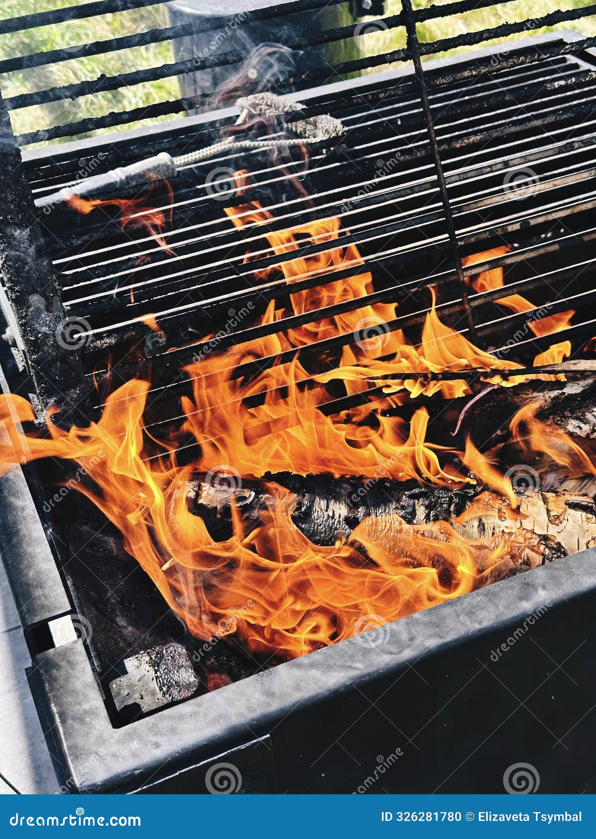 Barbecue Grill with Fire Flames. Open Empty Fire Grid Stock Photo ...