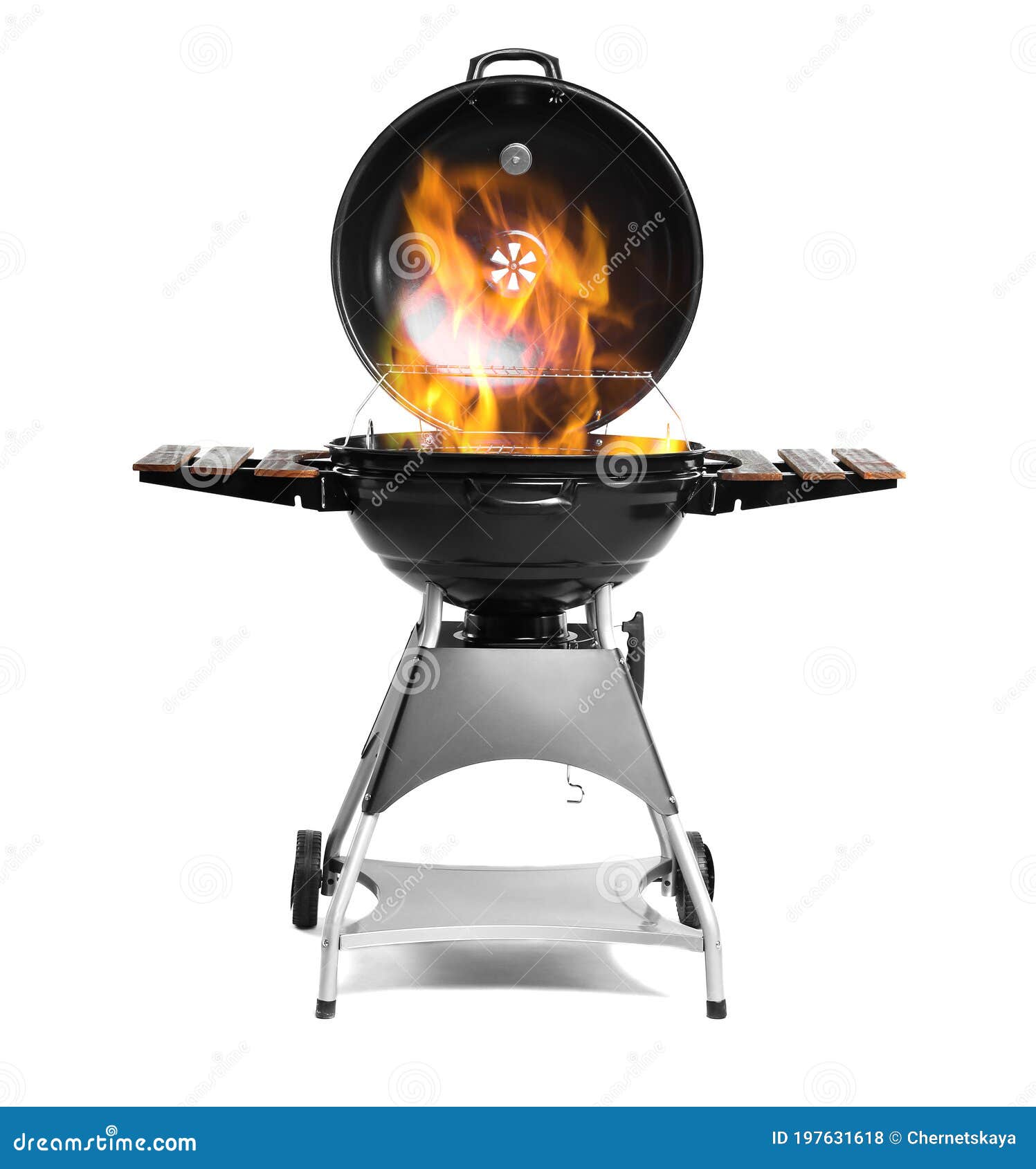 Barbecue Grill with Fire Flames on White Background Stock Photo - Image ...