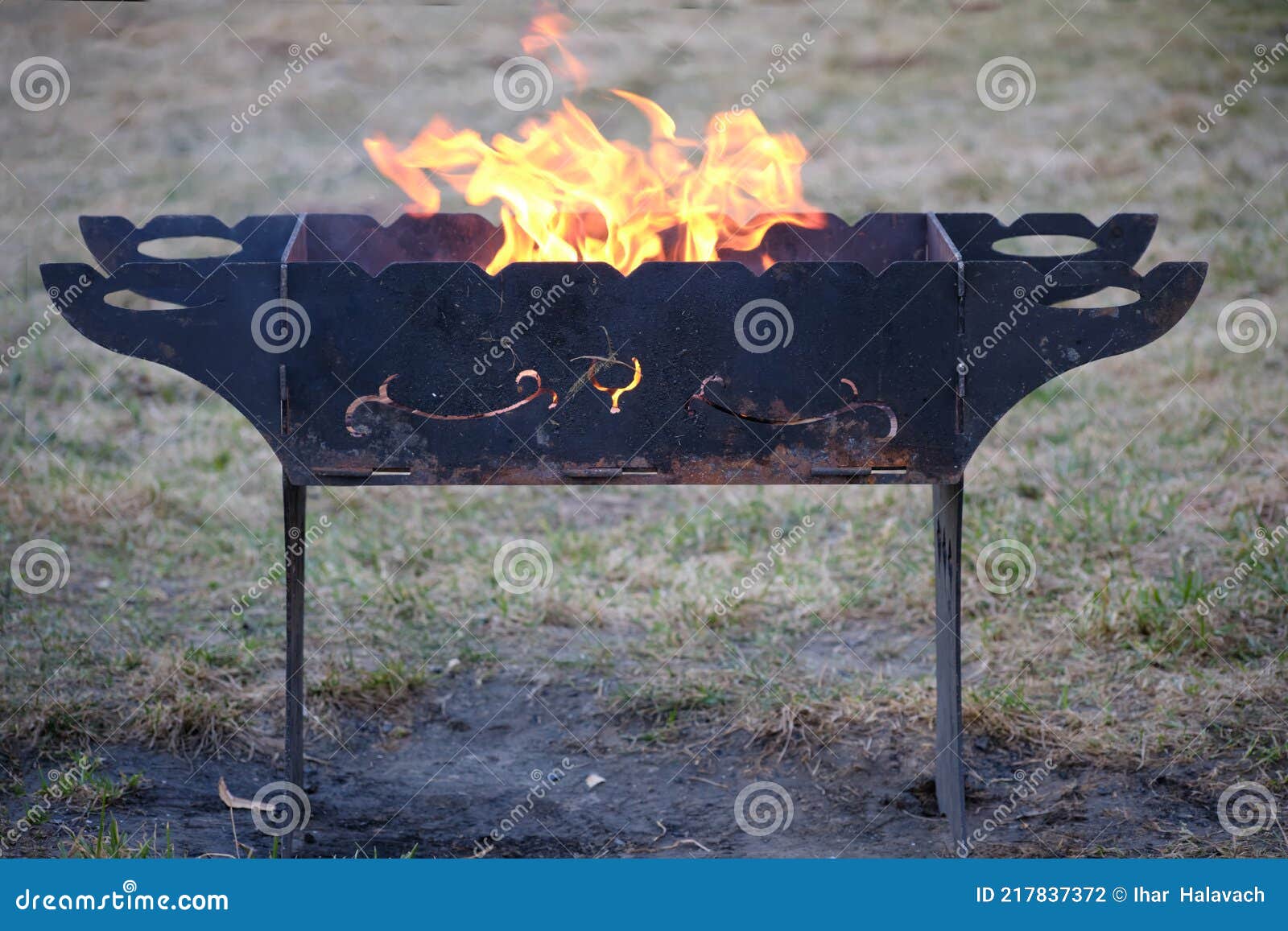 Barbecue Grill with Fire on Open Air. Fire Flame Stock Photo - Image of ...
