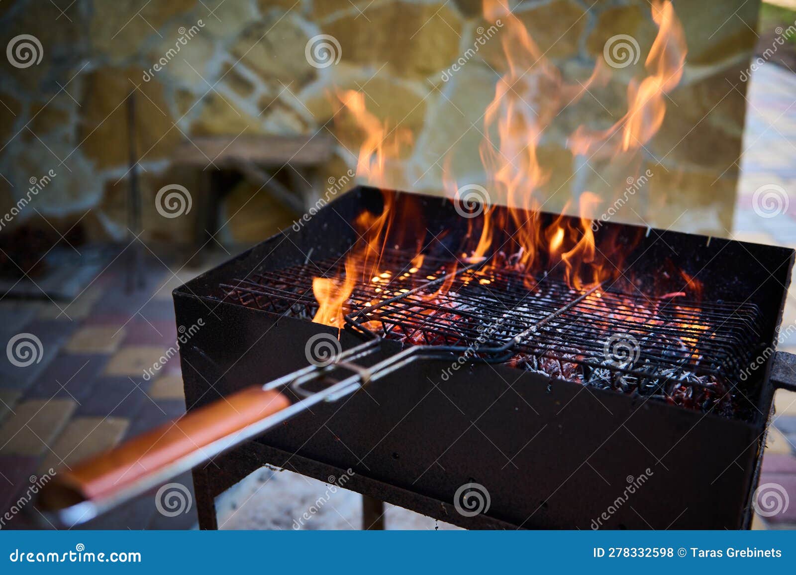Barbecue Grill with Fire on Open Air. Fire Flame Stock Photo - Image of ...