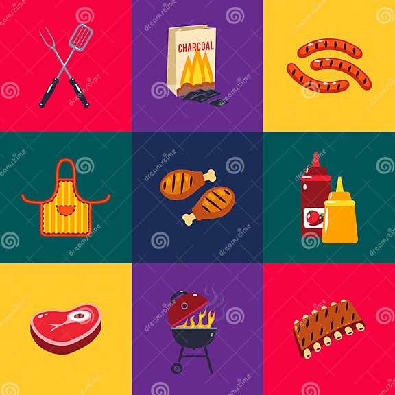 Flat Colorful BBQ Icon Collection Stock Vector - Illustration of ...