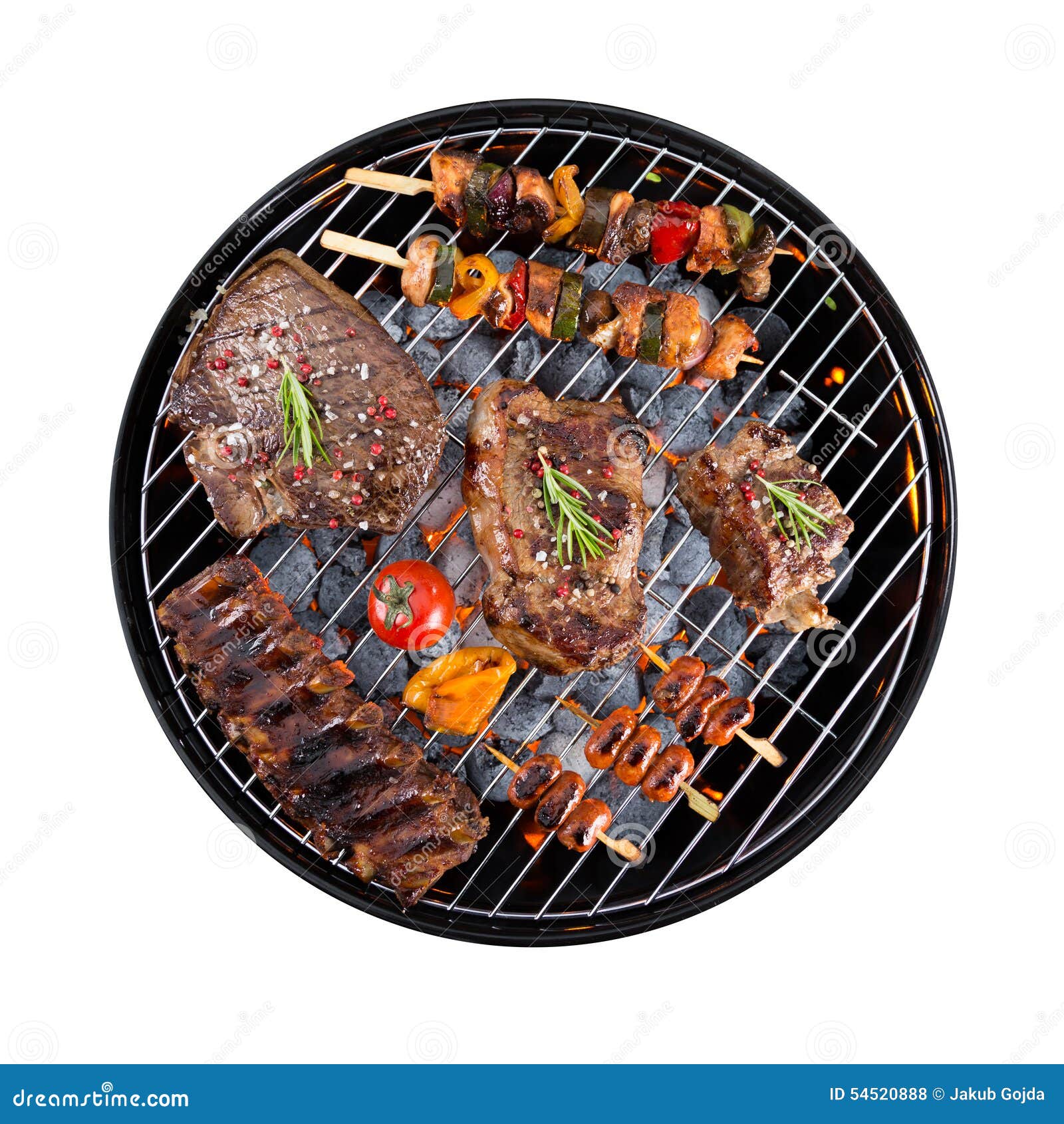 Barbecue Grill with Meat on White Background Stock Photo - Image of ...