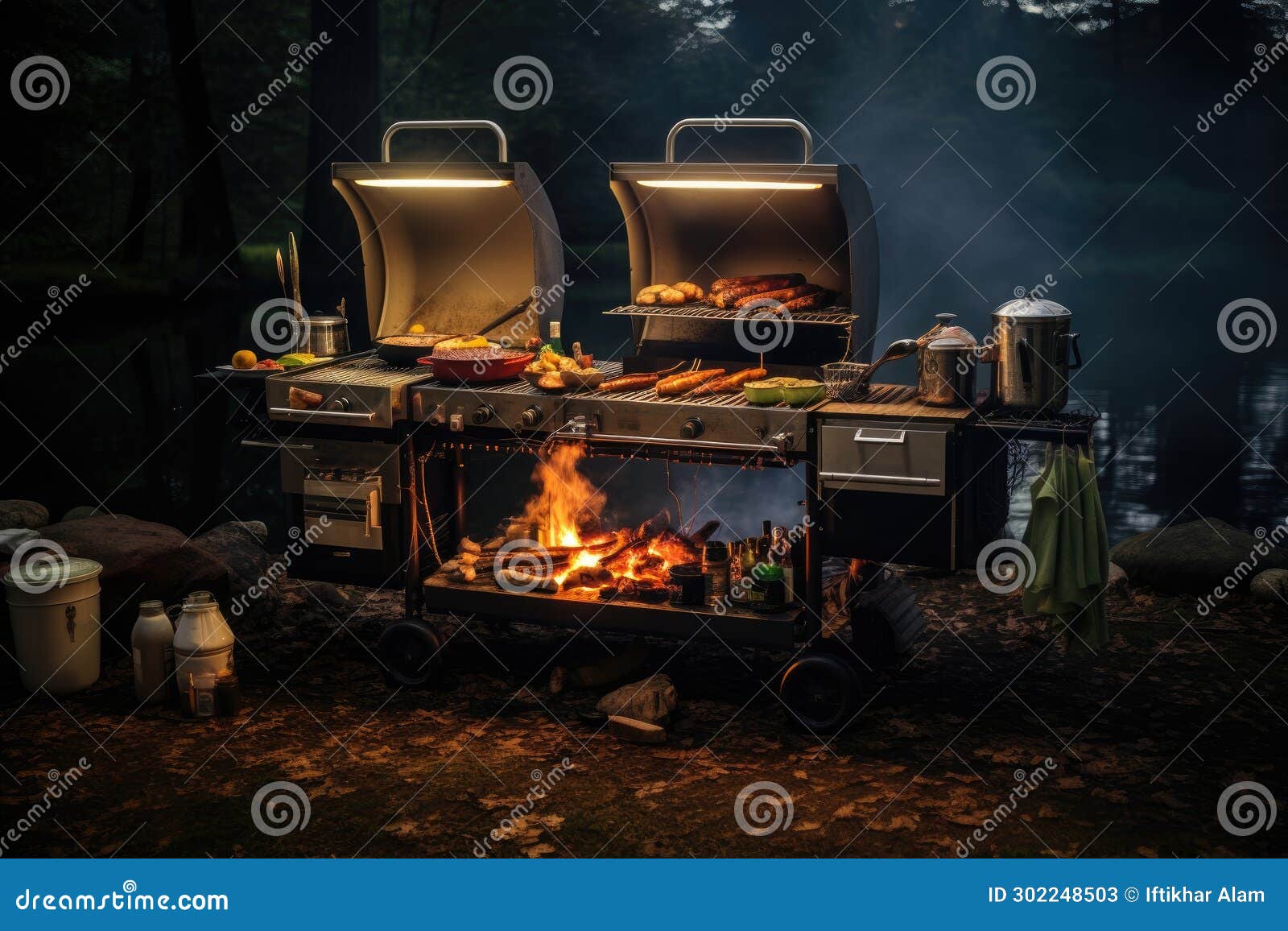 Barbecue Grill at Night in the Forest. Cooking Food on Fire, AI ...