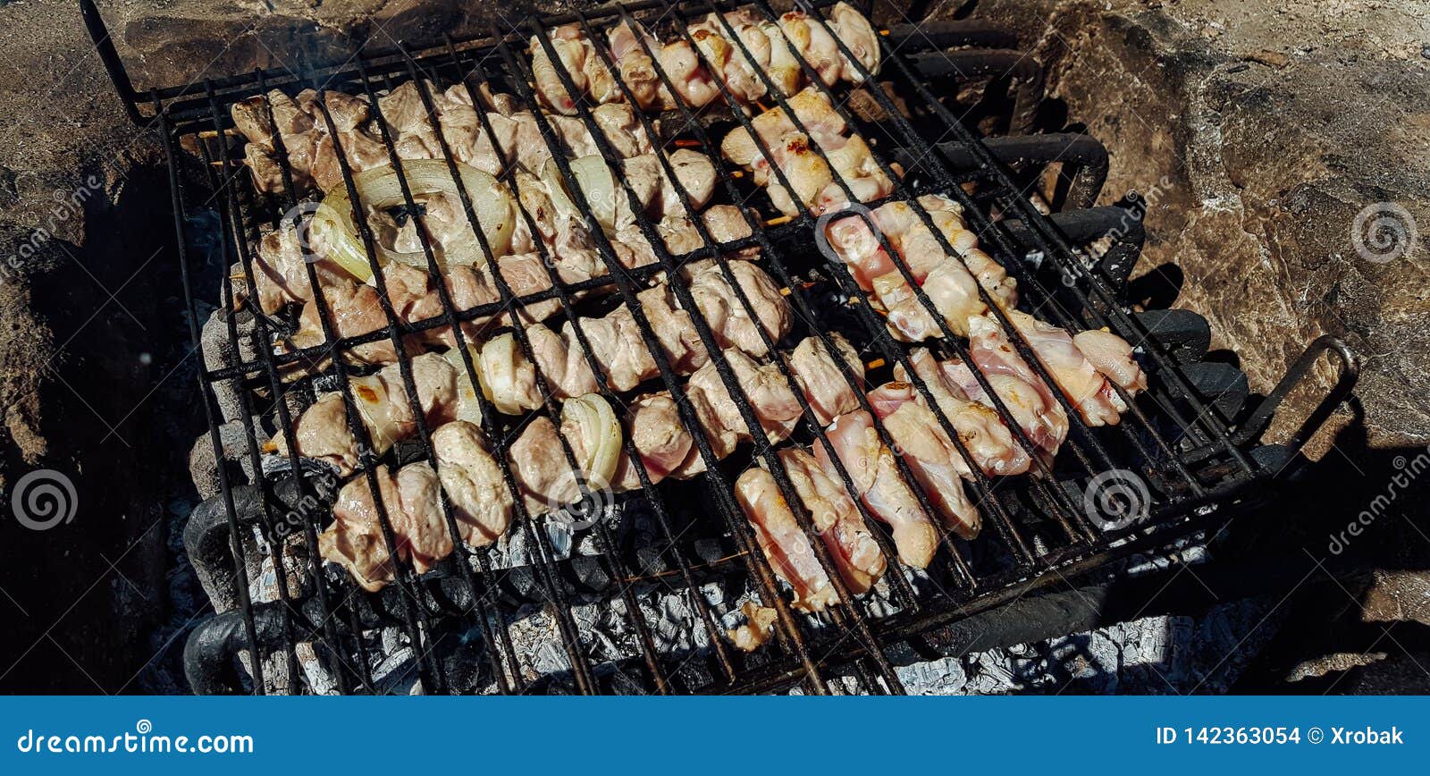 Barbecue Meat Cooking in the Forest Stock Photo - Image of greek ...