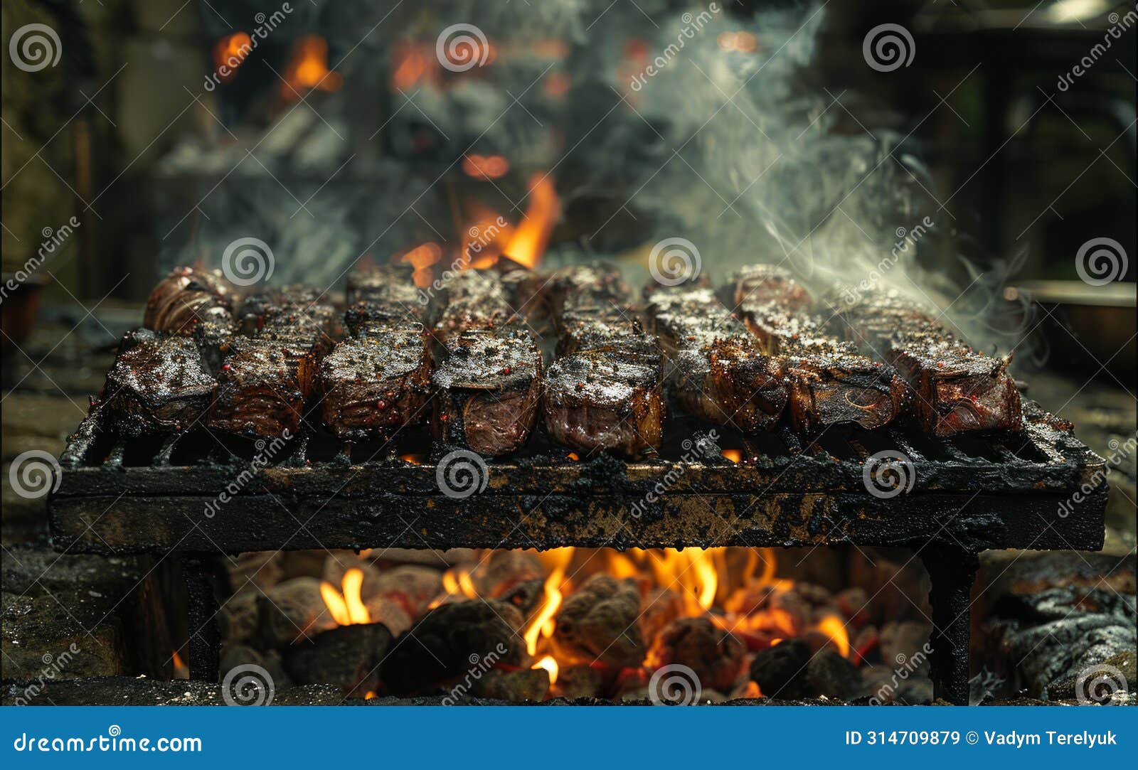 Barbecue Meat and Fire on Grill Stock Image - Image of barbeque, pork ...