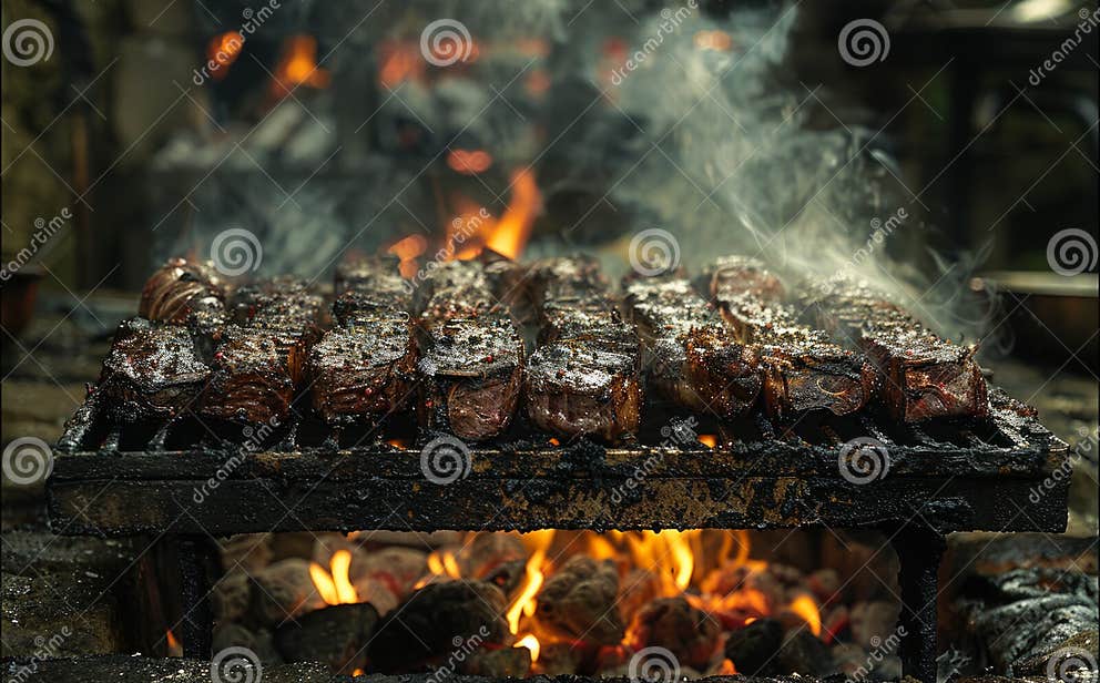 Barbecue Meat and Fire on Grill Stock Image - Image of barbeque, pork ...