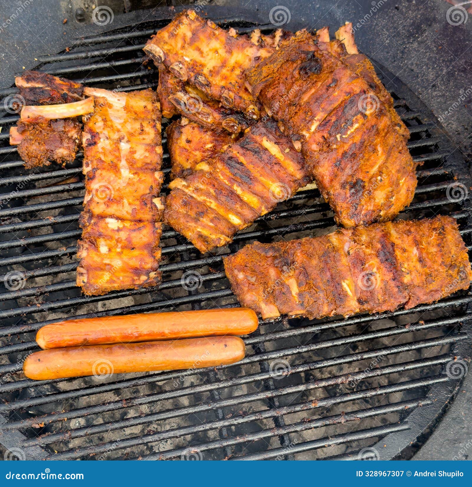 Barbecue Meat is Fried on a Metal Grate Stock Image - Image of roasted ...