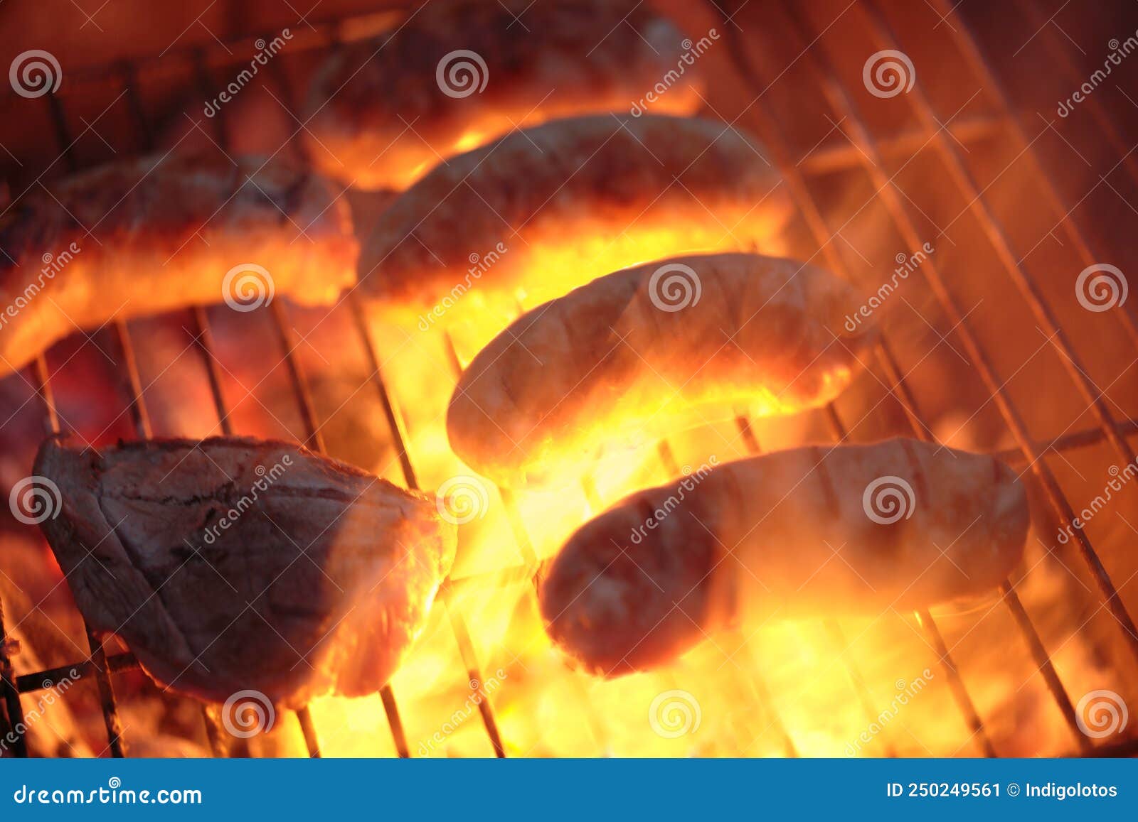 Barbecue of Meat and Sausage on the Fire on the Grill Stock Image ...