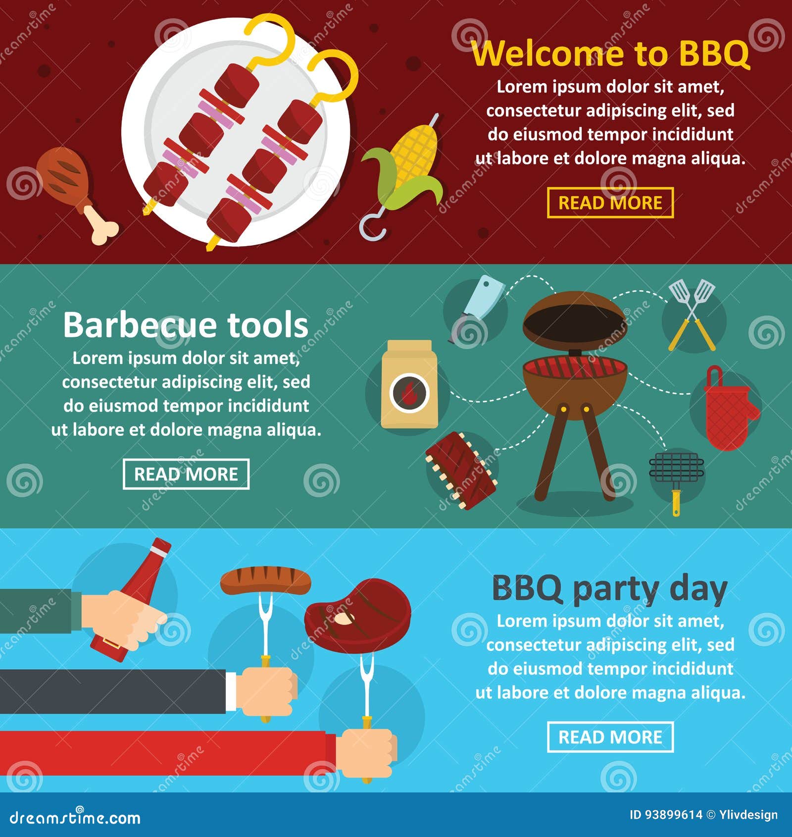 Barbecue Party Banner Horizontal Set, Flat Style Stock Vector ...