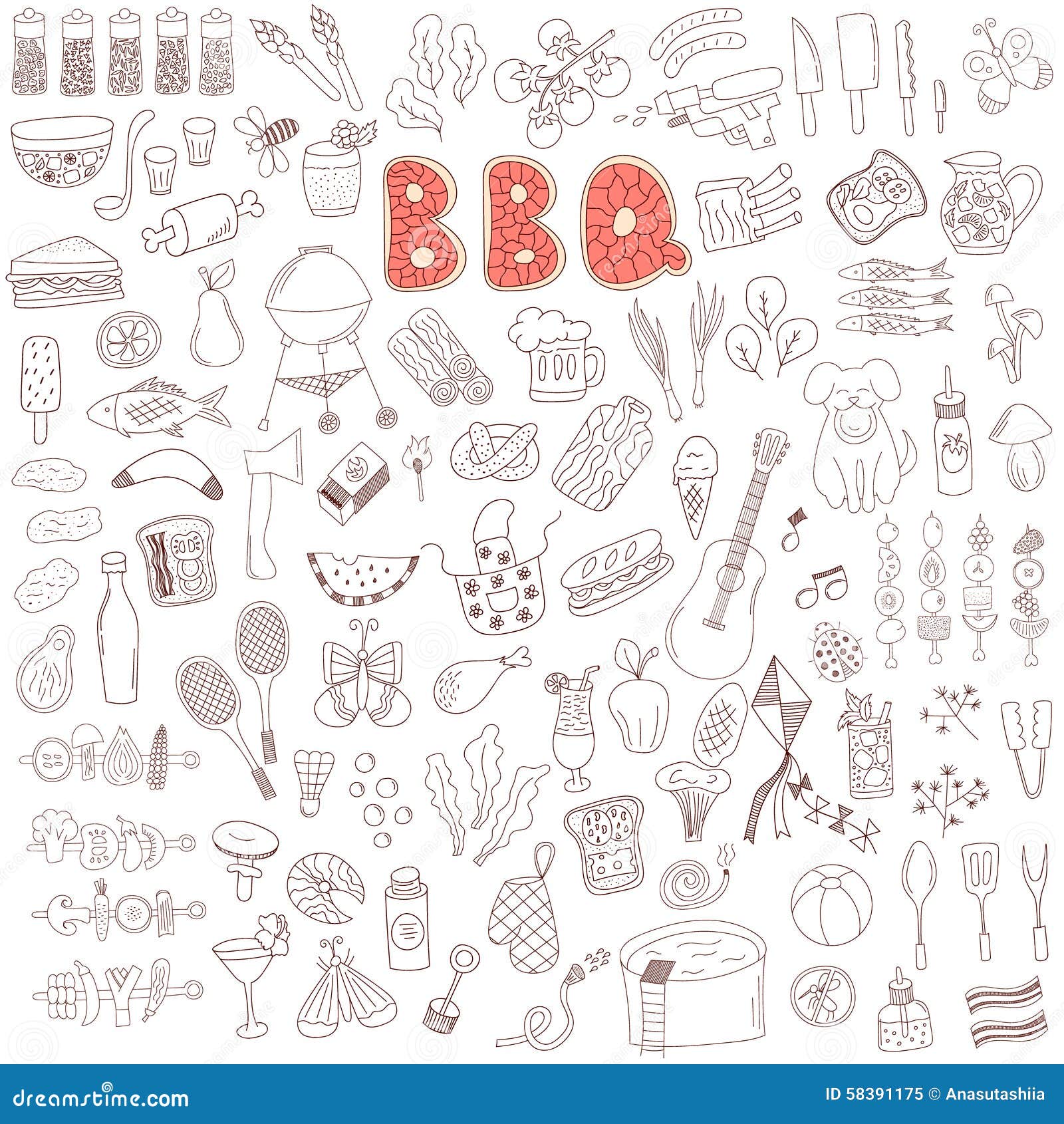 Barbecue Party Doodle Elements Set Stock Vector - Illustration of grill ...