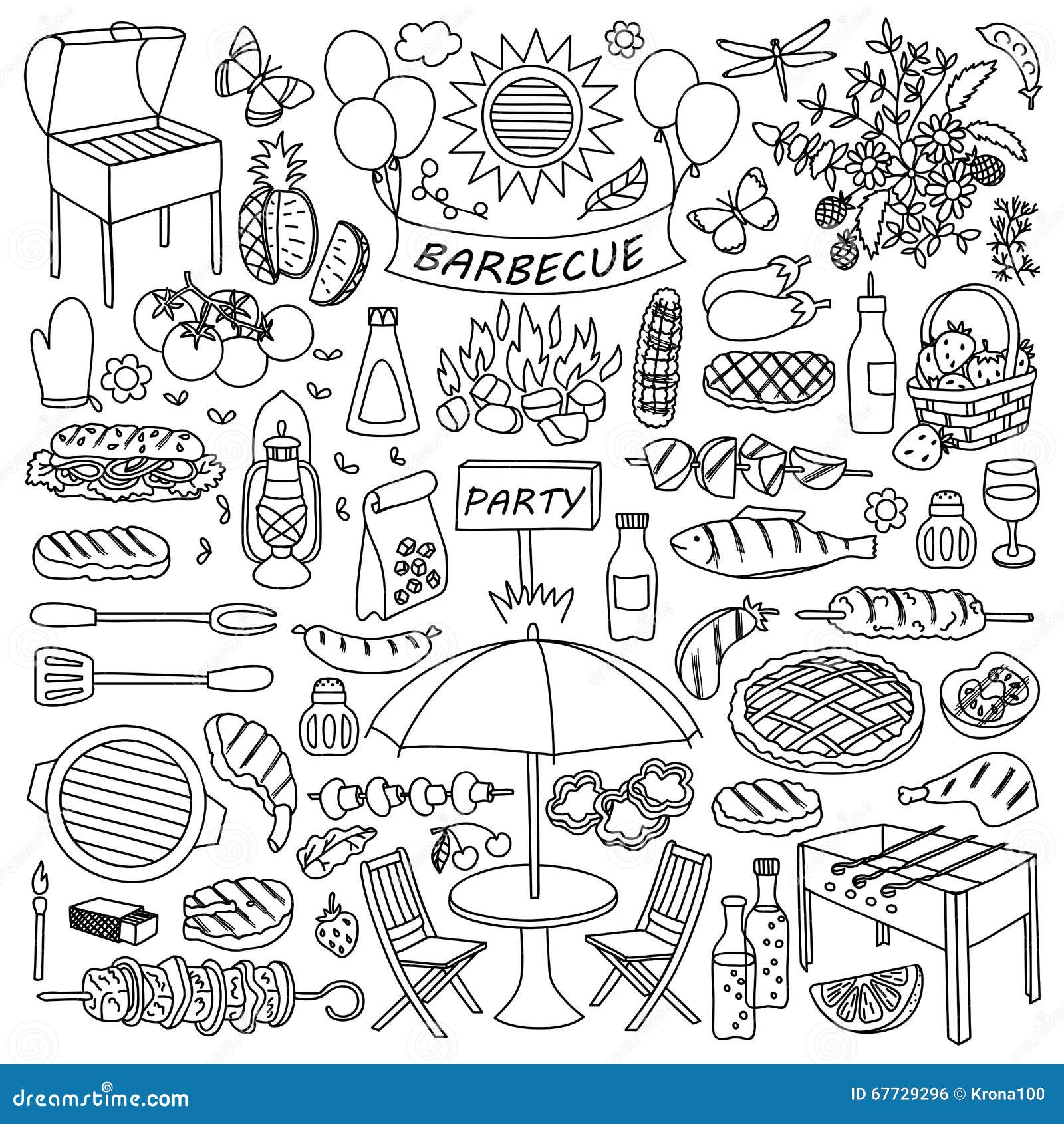 Barbecue party doodle set stock vector. Illustration of outline - 67729296