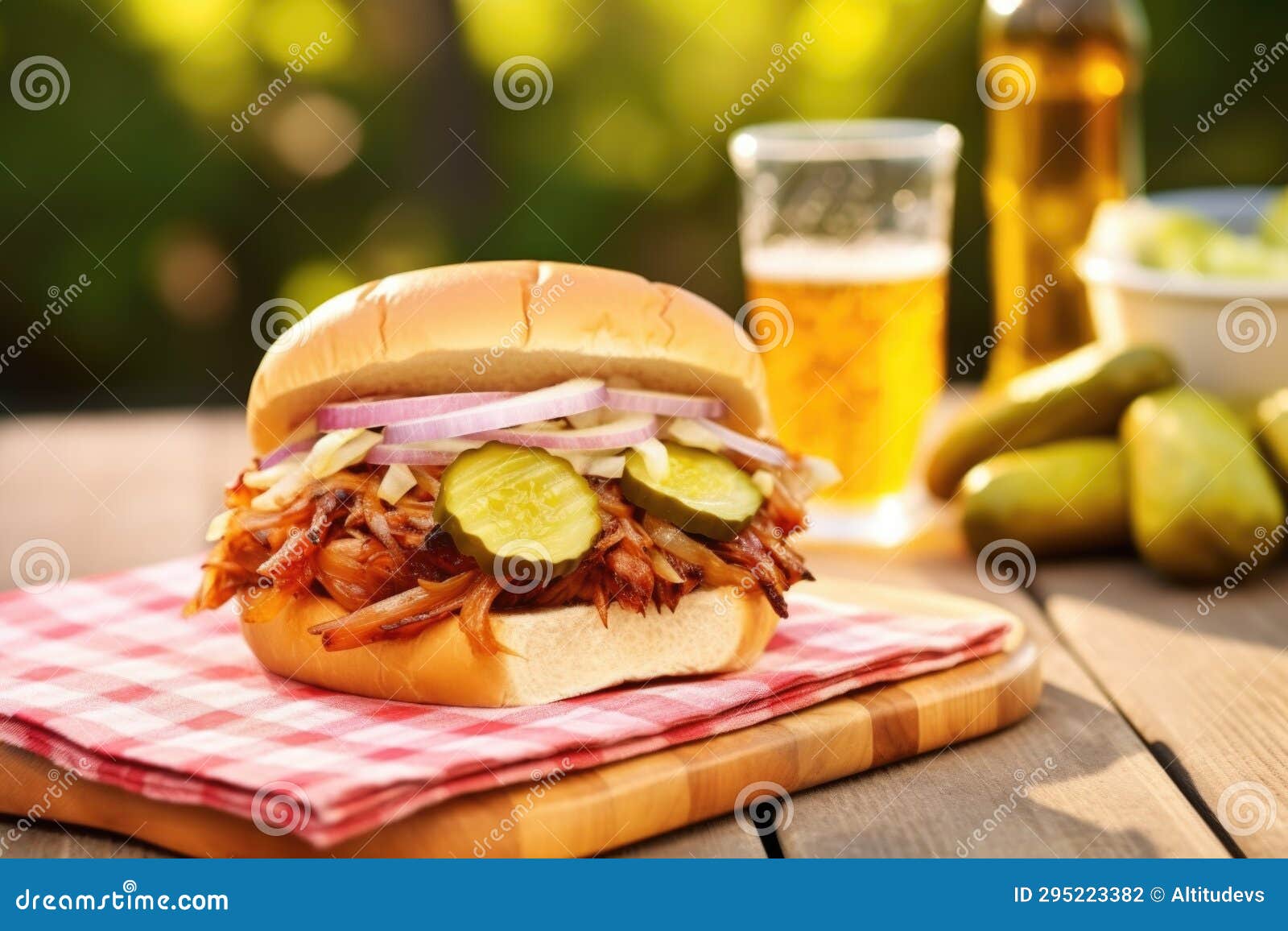 A Barbecue Sandwich with Pickles and Onions on a Picnic Table Stock ...