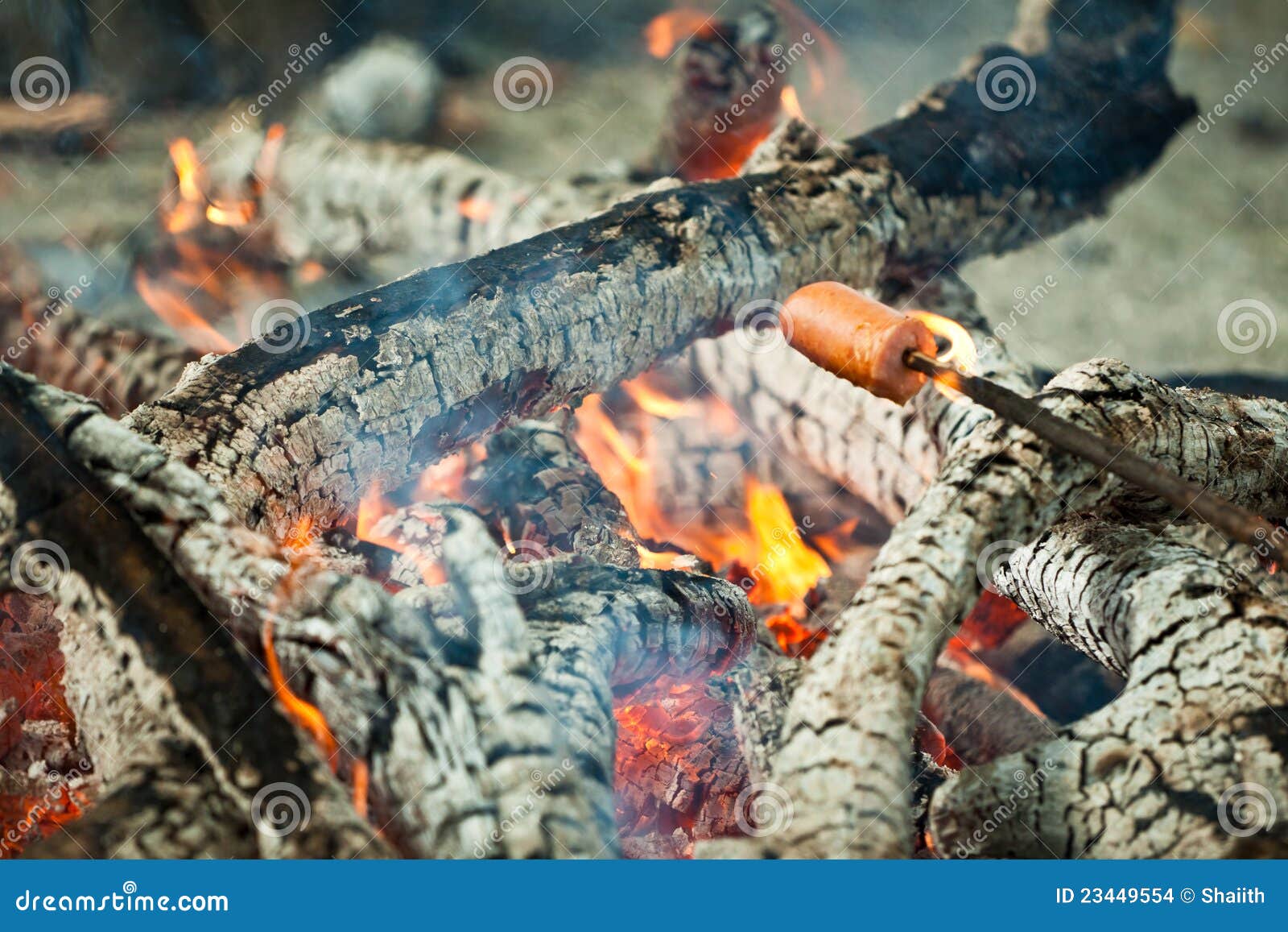 Barbecue Sausages on Sticks in Bonfire Stock Photo - Image of flame ...