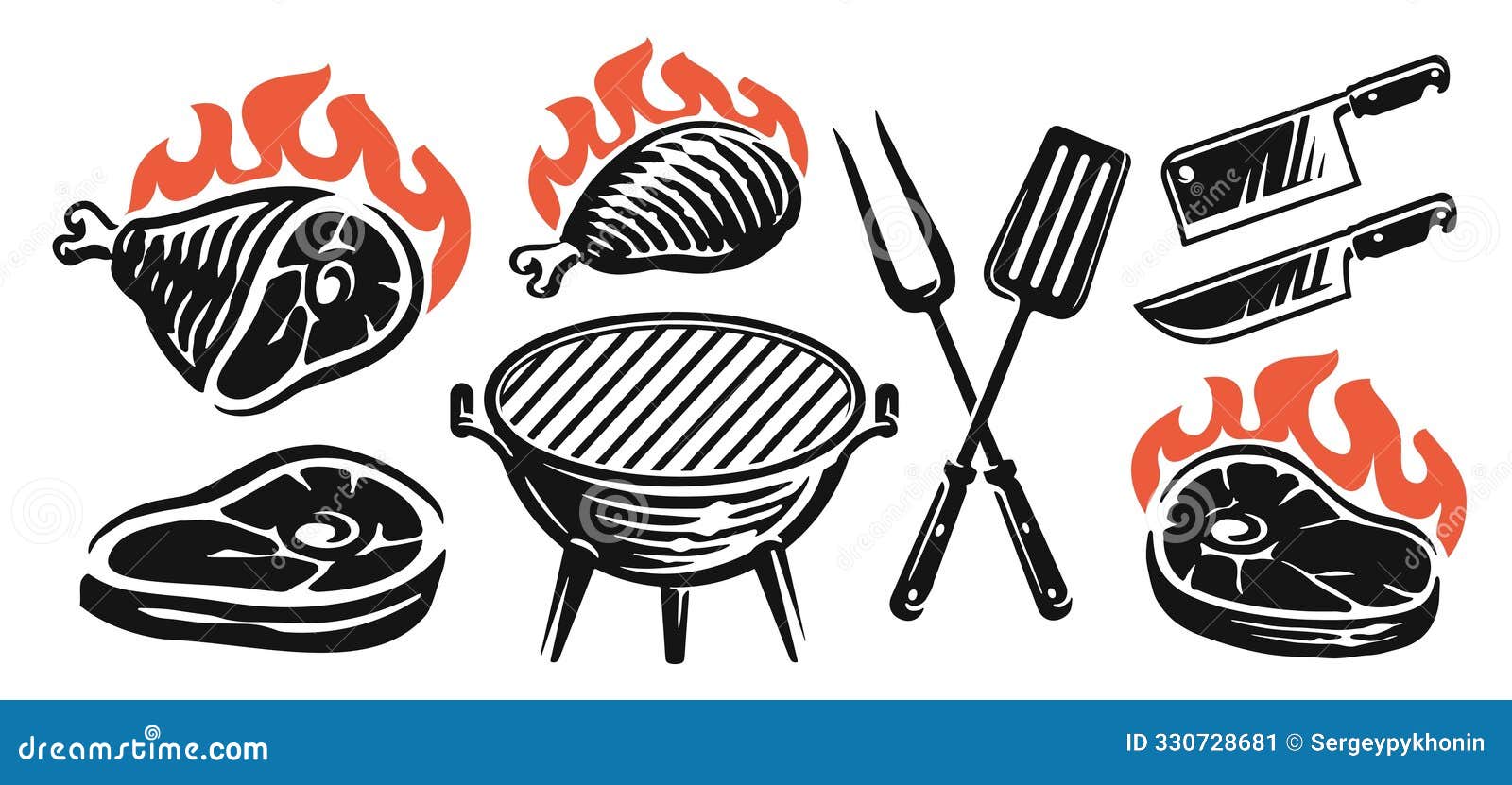 Barbecue Set. Bbq Grill Food Concept. Hand Drawn Collection of Elements Vector Illustration ...