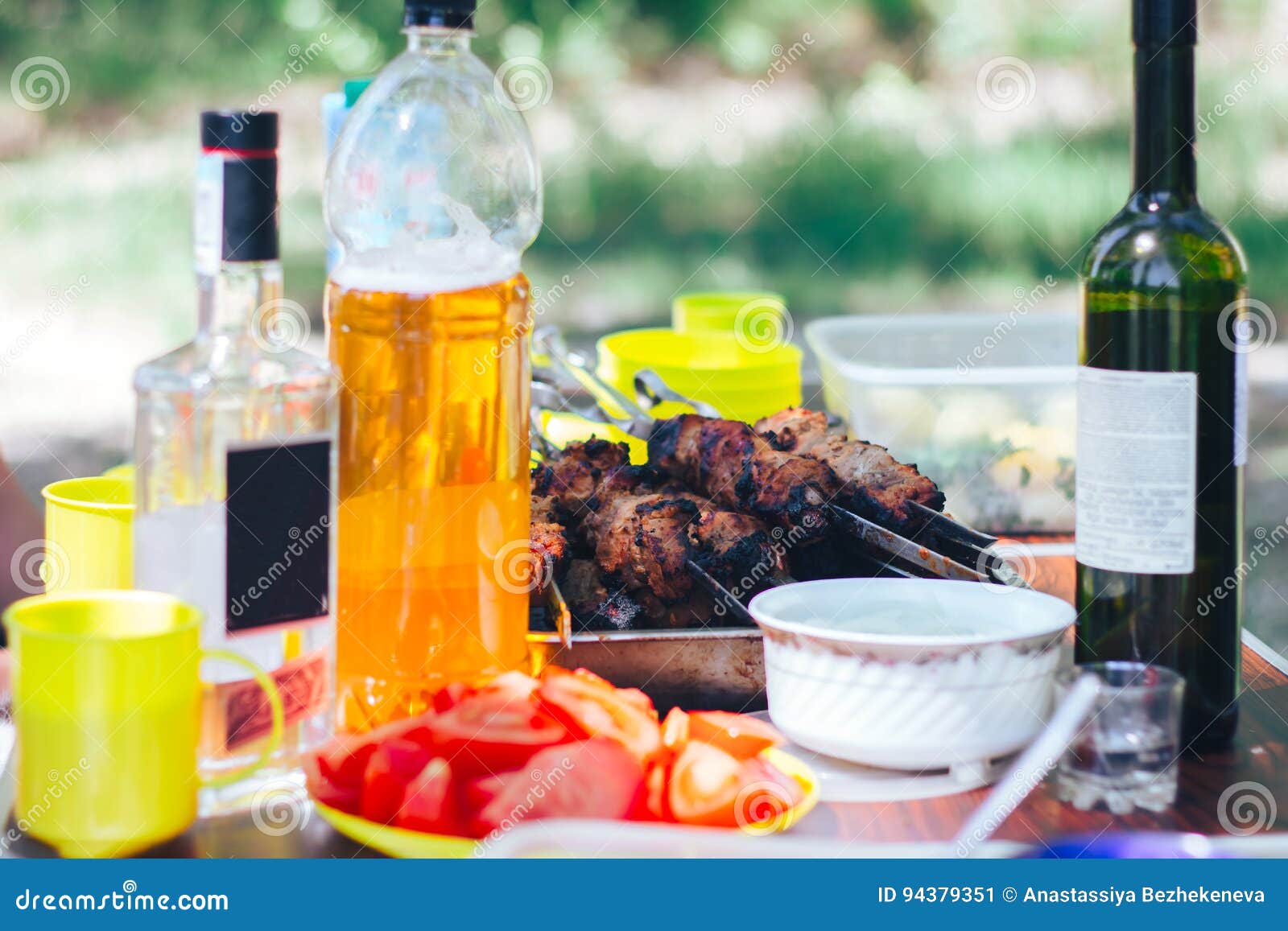 Barbecue on Table with Wine Beer Nature Stock Image - Image of asian ...