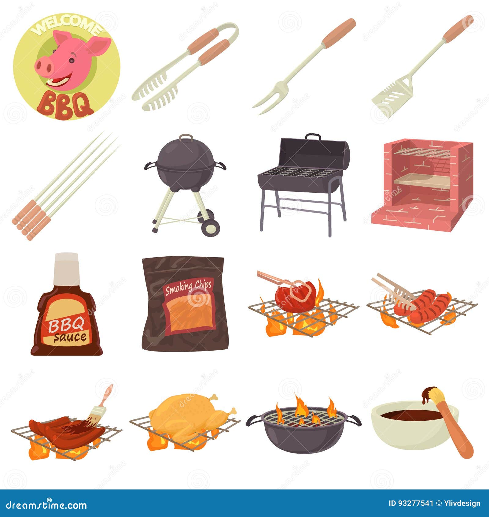 Barbecue Tools Icons Set, Cartoon Style Stock Vector - Illustration of ...