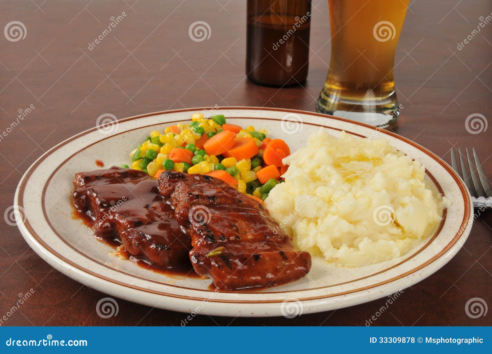 Barbecued pork and beer stock photo. Image of glass, dinner - 33309878