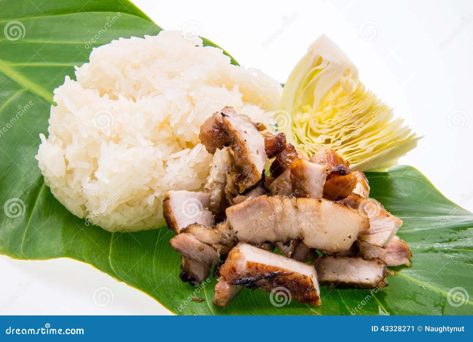 Barbecued Pork and Sticky Rice on Leafs. Stock Image - Image of gourmet ...