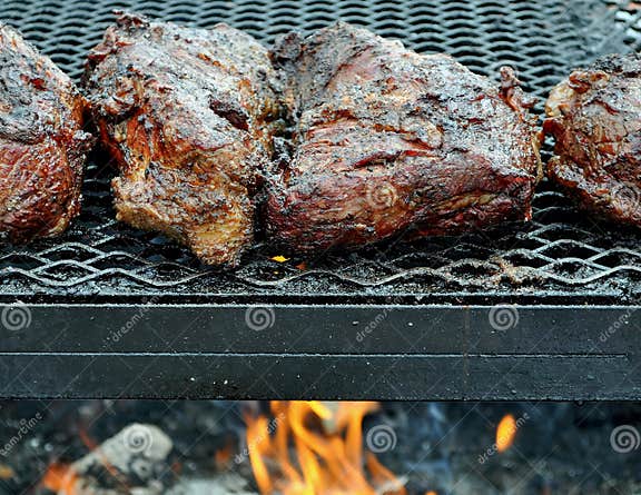 Barbecuing on an Open Grill Stock Image - Image of charcoal, chicken ...