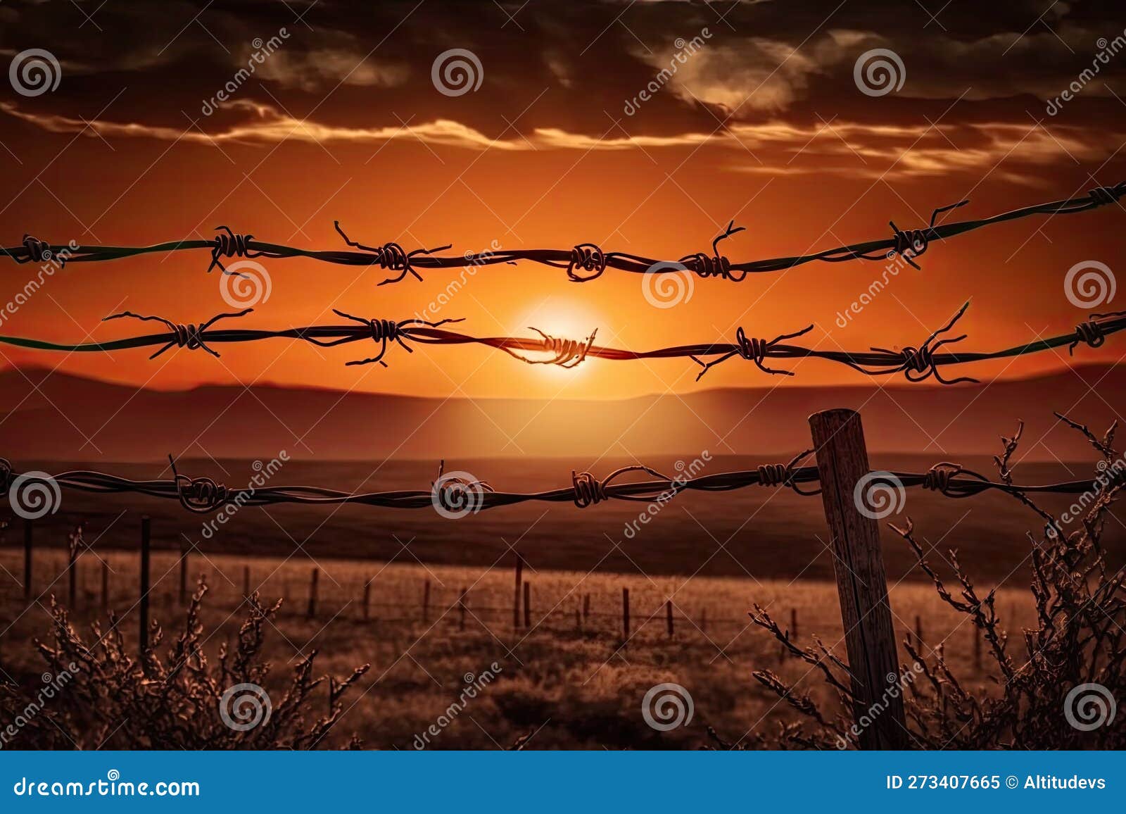 Barbed Wire Fence with Dramatic Sunset in the Background Stock ...