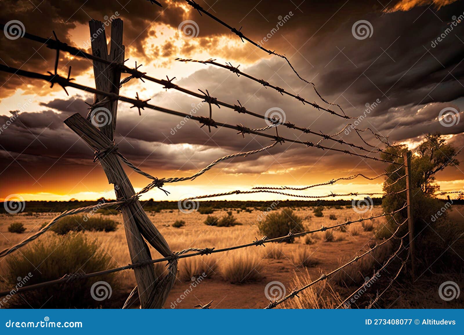 Barbed Wire Fence in Sunset, with Dramatic Clouds and Sky Stock ...