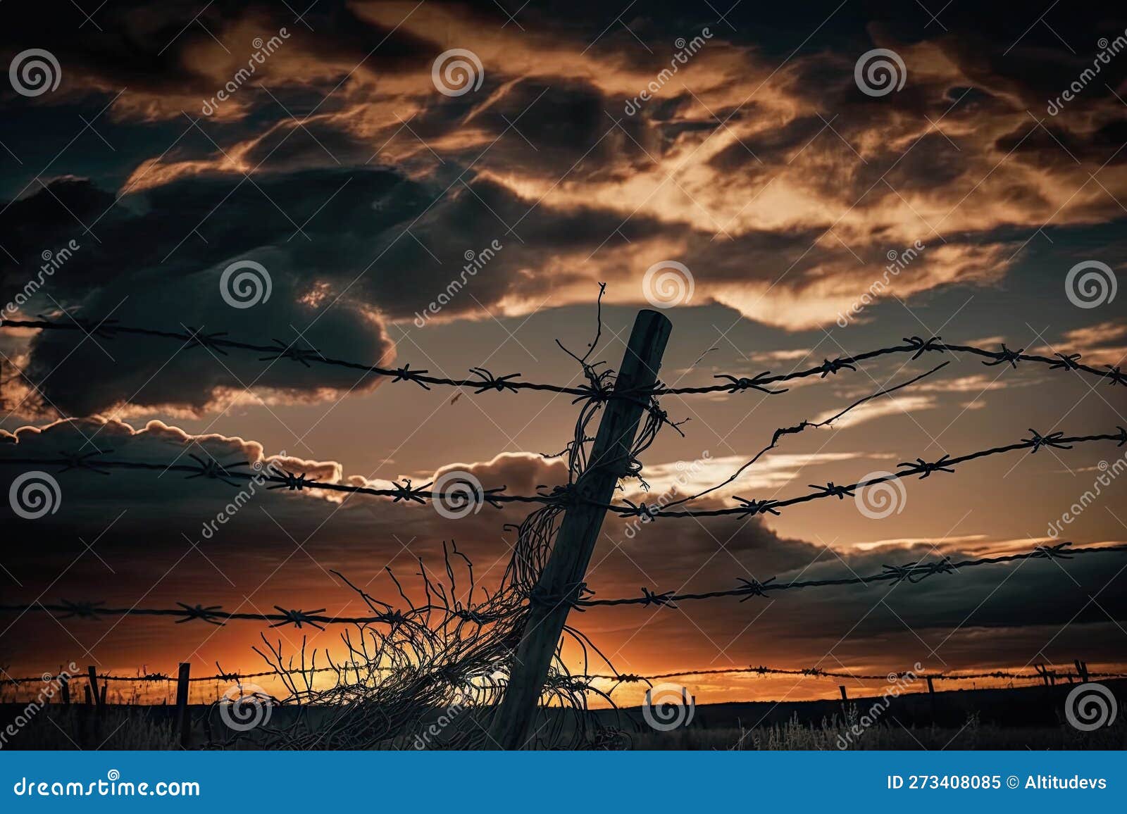 Barbed Wire Fence in Sunset, with Dramatic Clouds and Sky Stock Image ...