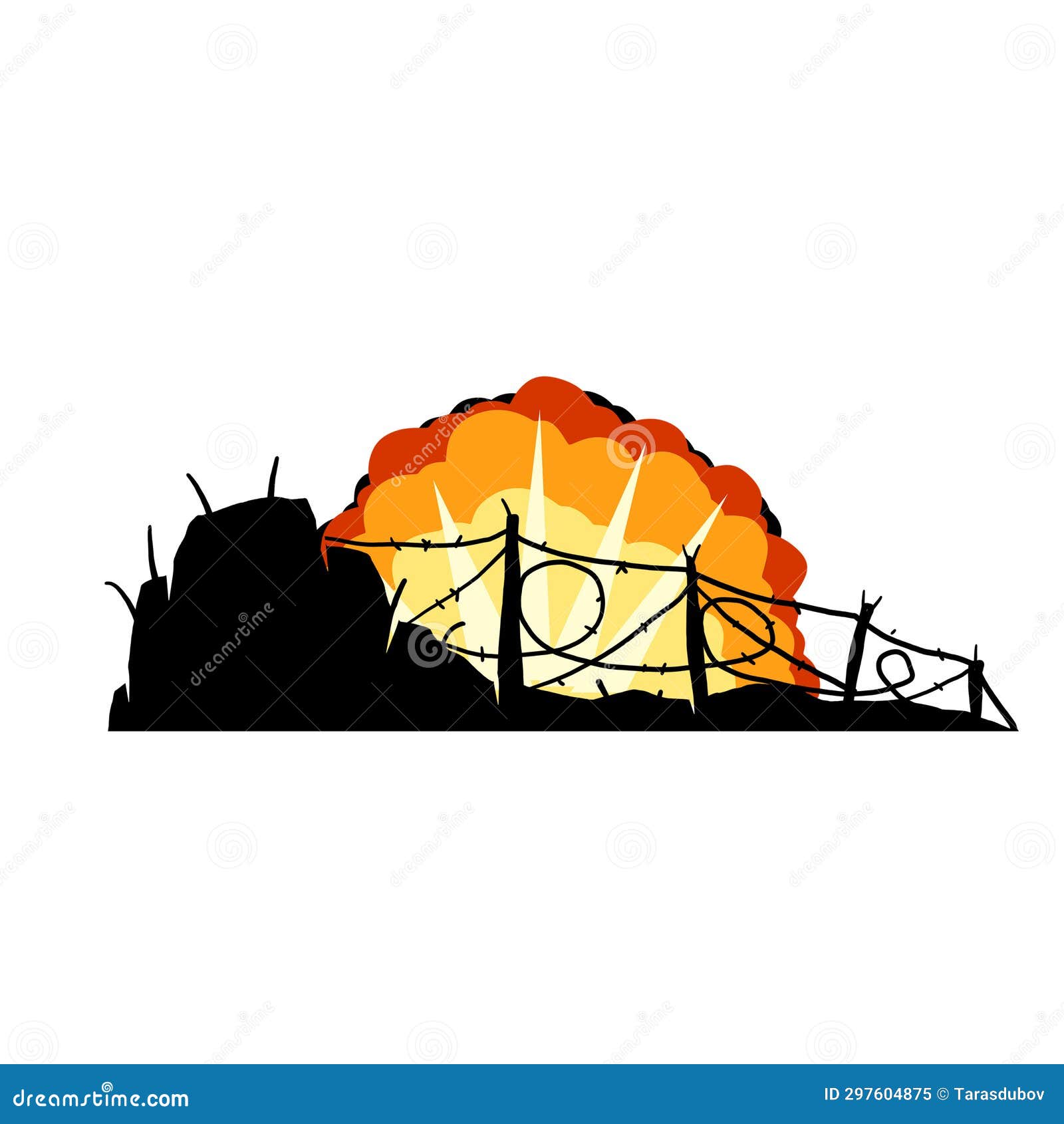 Barbed Wire. Scenery of Modern Military Conflict. Comic Boom Explosion ...