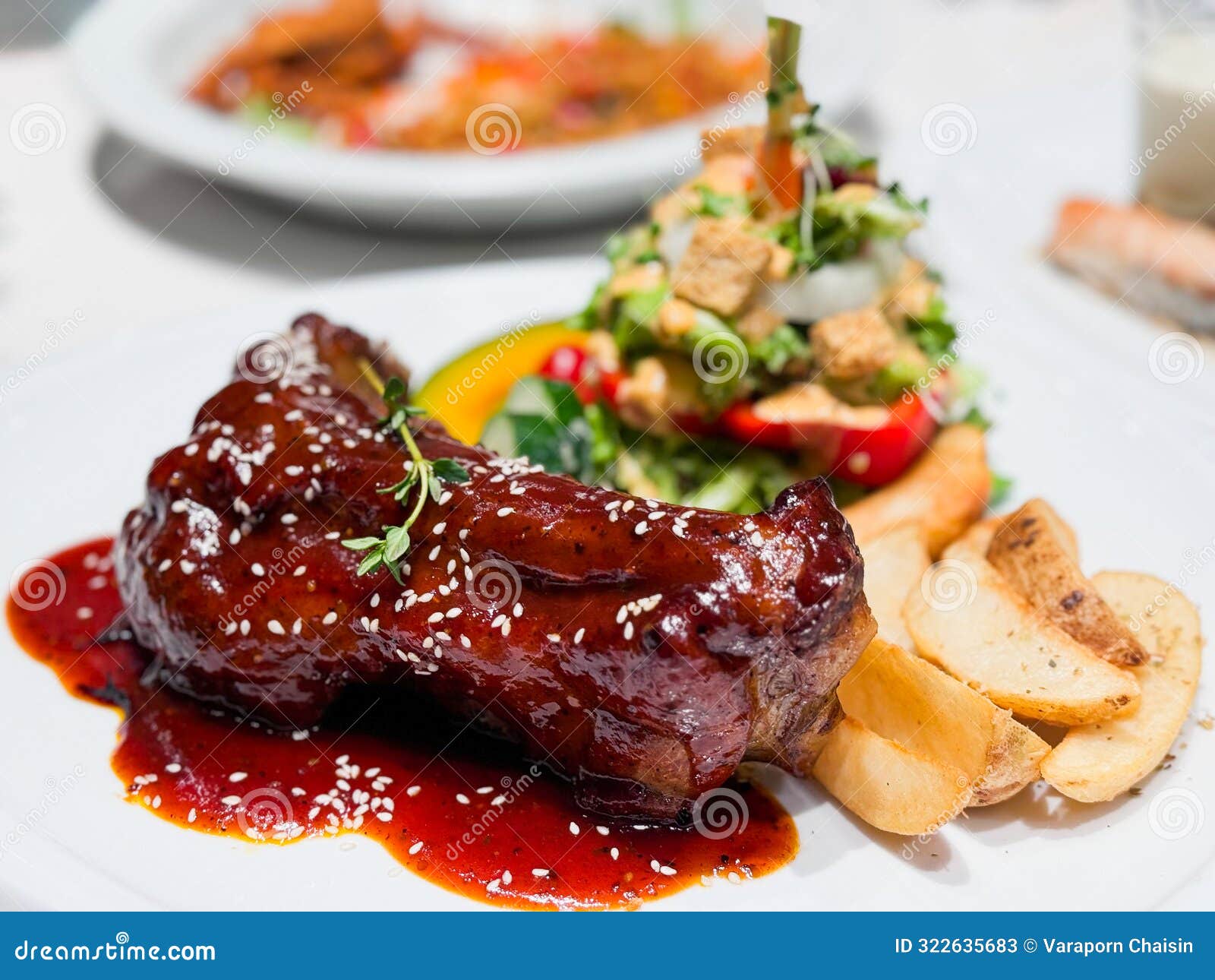 Barbeque Pork Spare Ribs with Vegetables and Chips Stock Image - Image ...