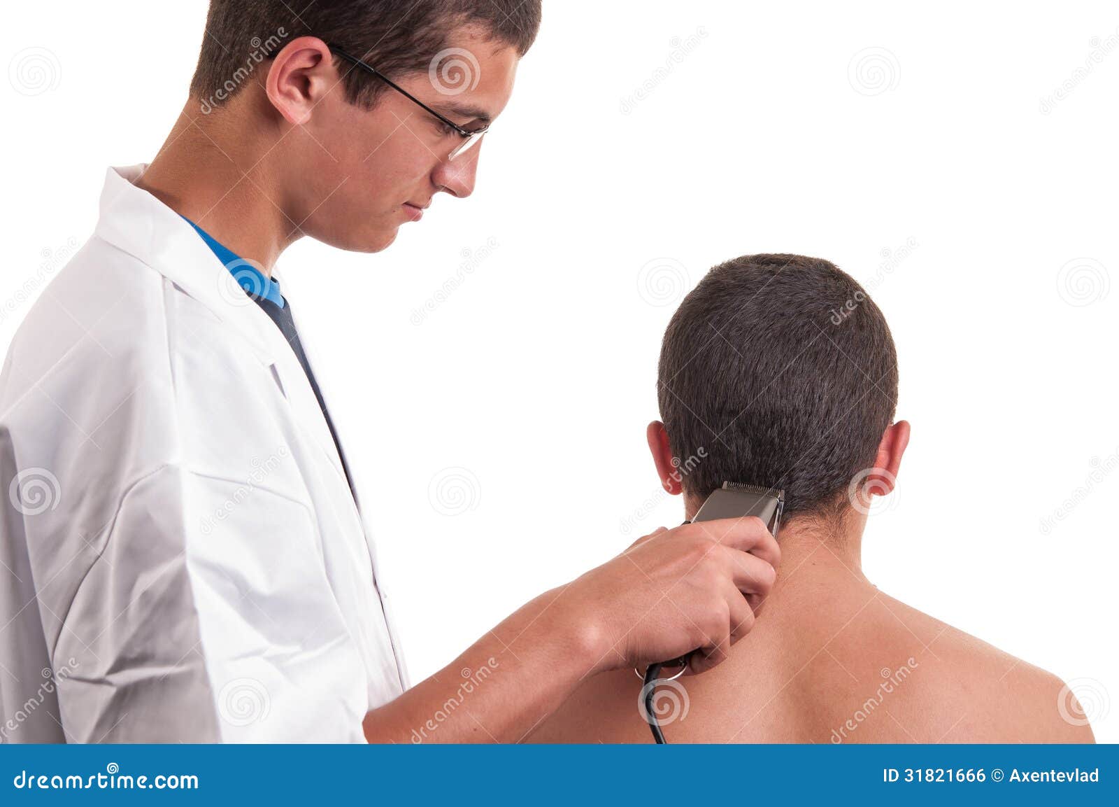 Barber Cutting Hair with Clipper on White Background Stock Photo ...