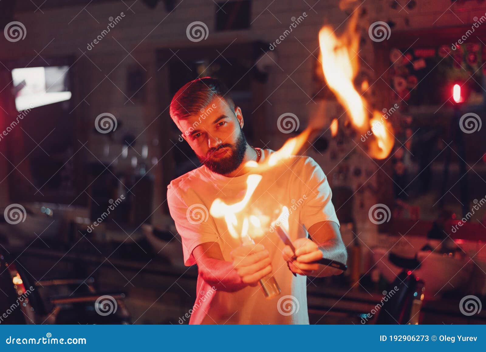 Barber Demonstrates Fire For Haircut With Scissors Stock Image Image