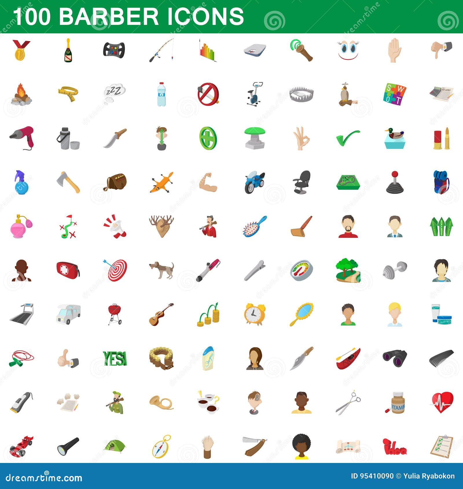 100 Barber Icons Set, Cartoon Style Stock Vector - Illustration of ...