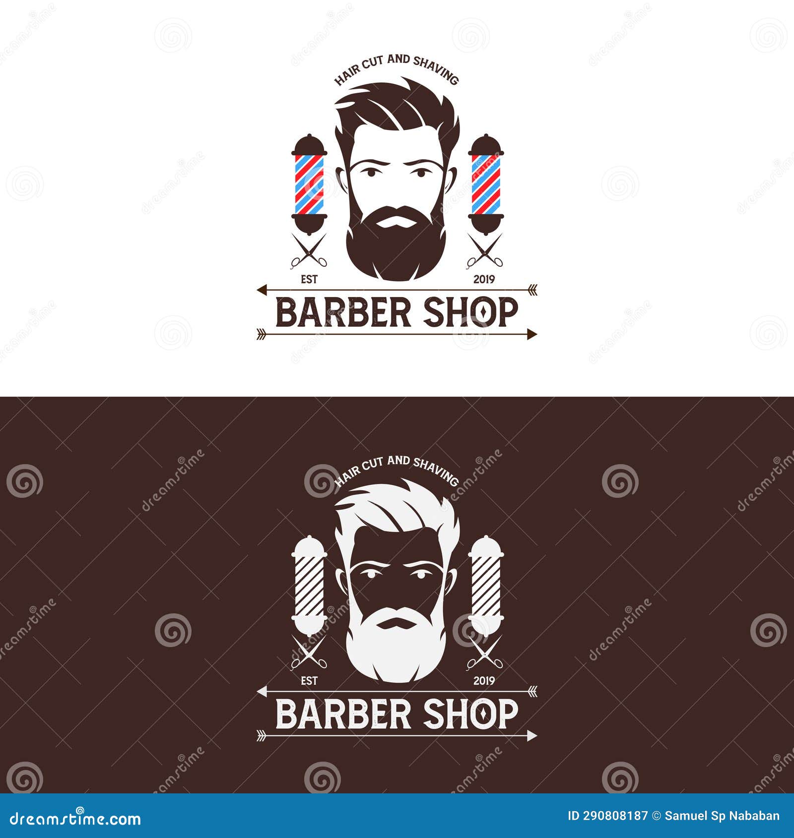 Vintage Barbershop Logo Vector Bearded Head and Scissor Hair Cut and ...