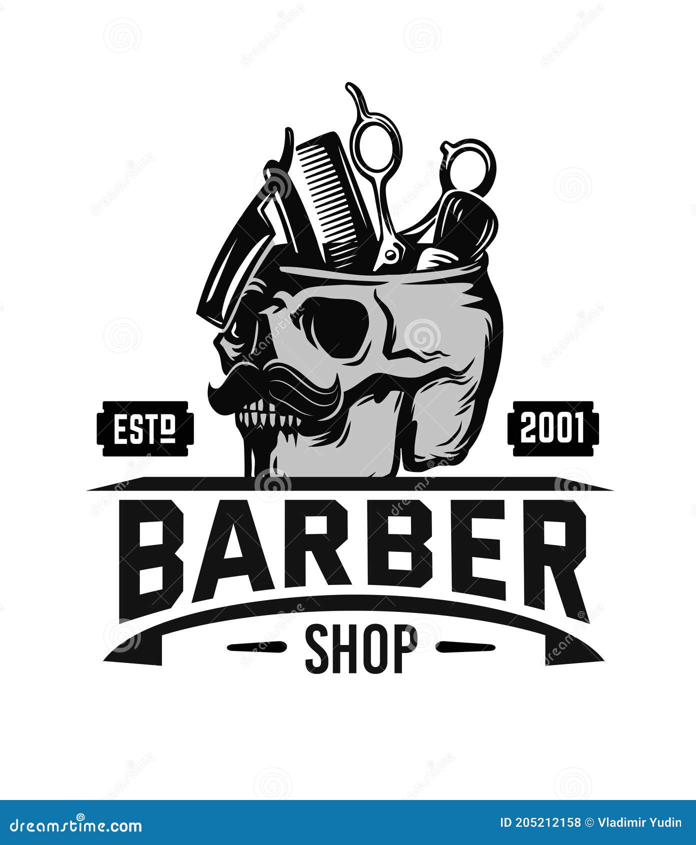 Barber Logo with Skull and Barber Tools Emblem Stock Vector ...