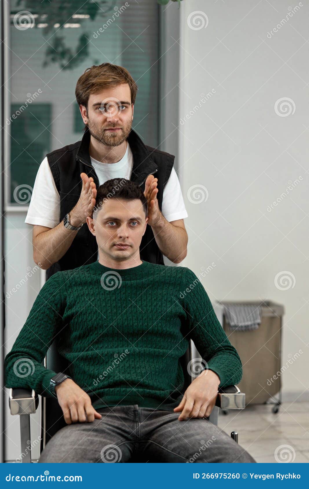 Barber and Satisfied Client Man in Front of the Mirror Stock Photo ...