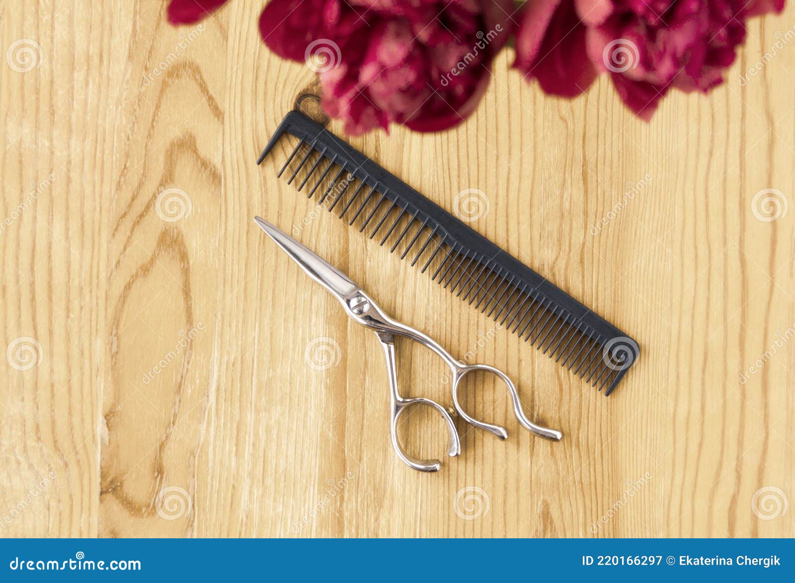 Barber Scissors and Comb on a Wooden Table, Top View. Flat Lay with ...
