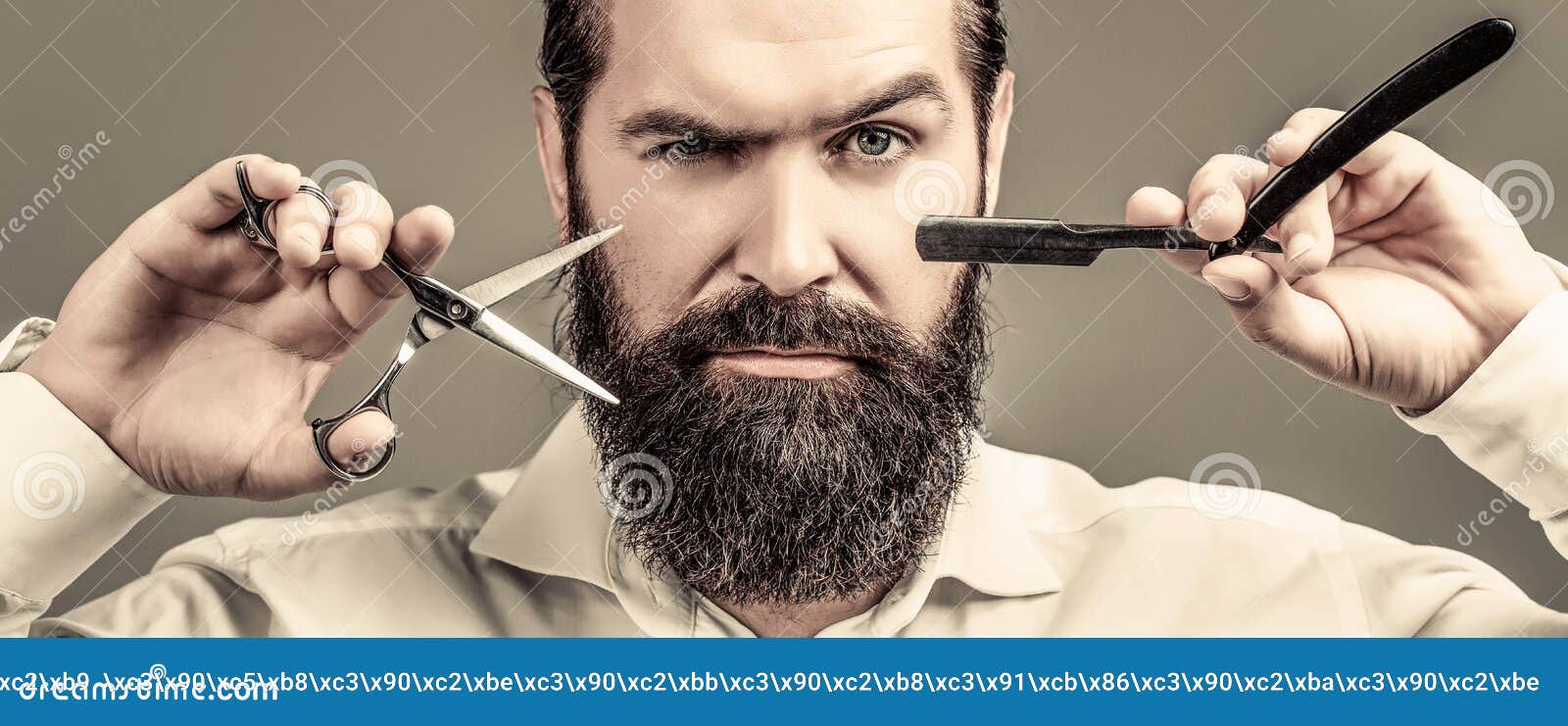 Brutal Guy Scissors Straight Razor Bearded Client Visiting Barber
