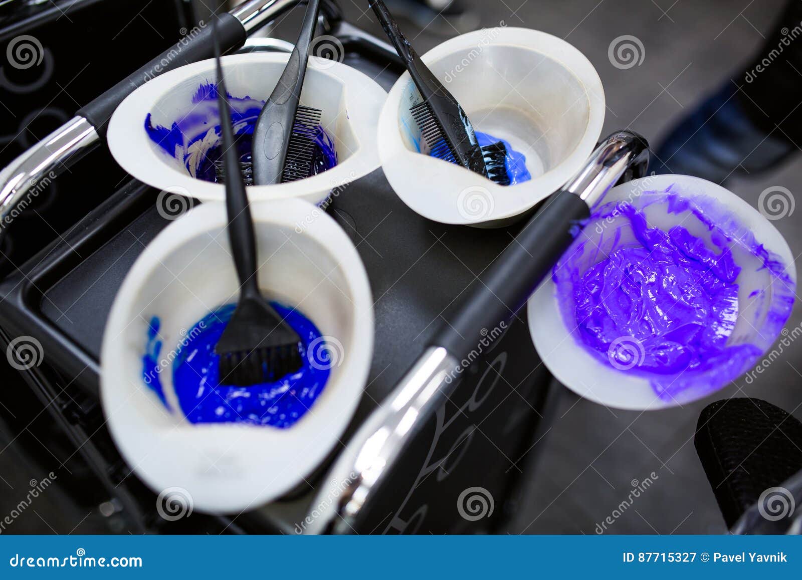 Barber Set Blue Hair Dye in a Bowl and Accessories. Stock Image - Image ...