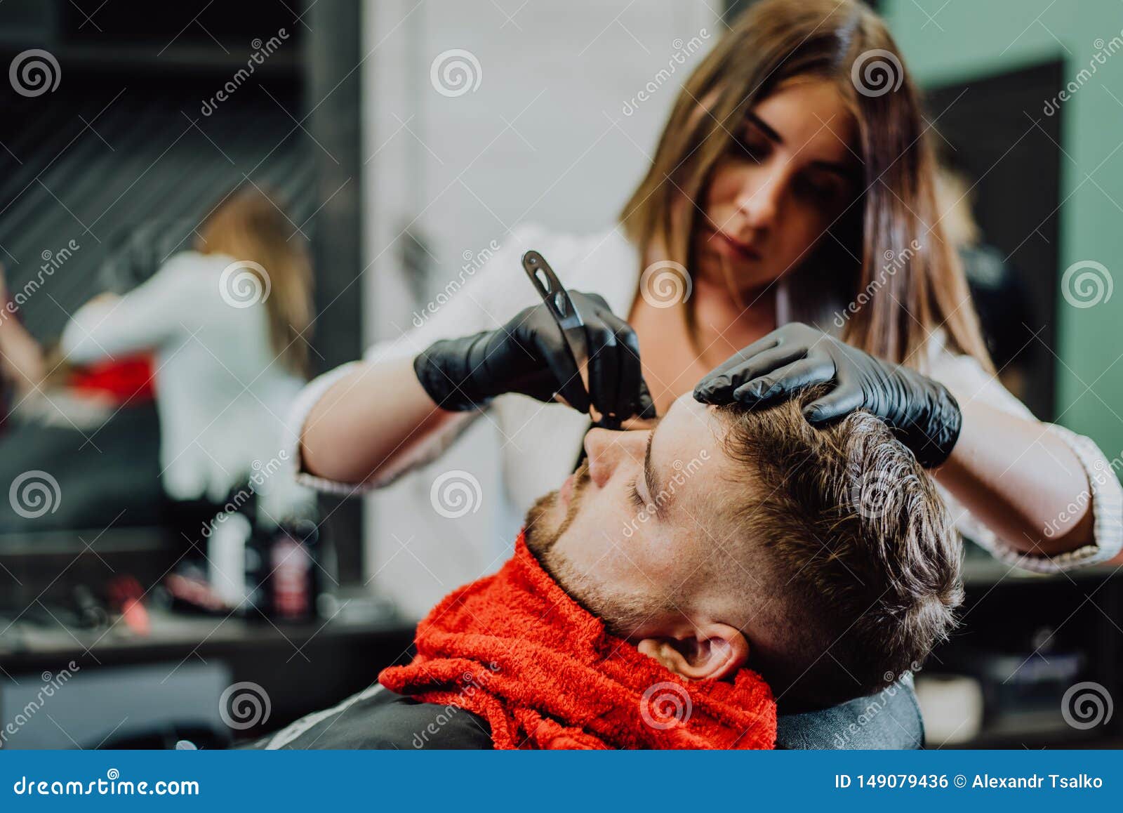 Girl Hairdresser Shaves His Beard with a Man Razor Stock Photo - Image ... Girl Hairdresser Shaves His Beard with a Man Razor Stock Photo - Image ...
