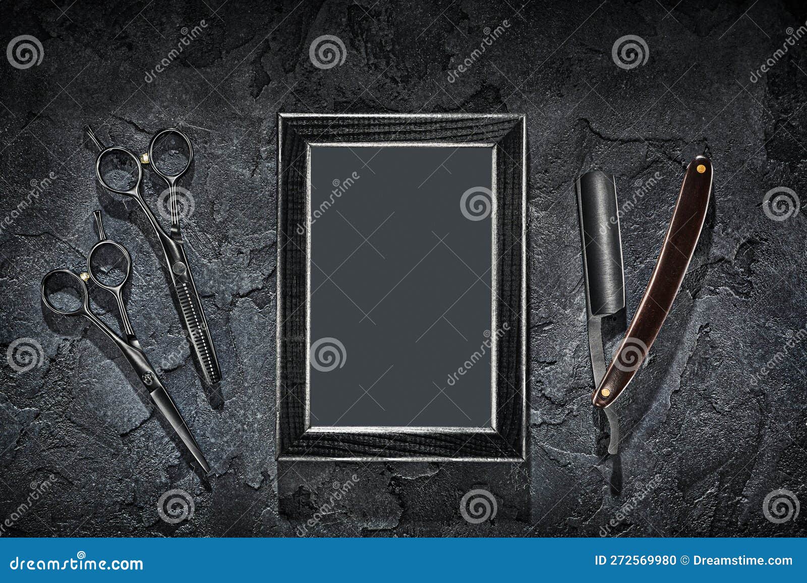Barber Shop Concept Scissors Stright Razor and Epmty Frame Freespace ...