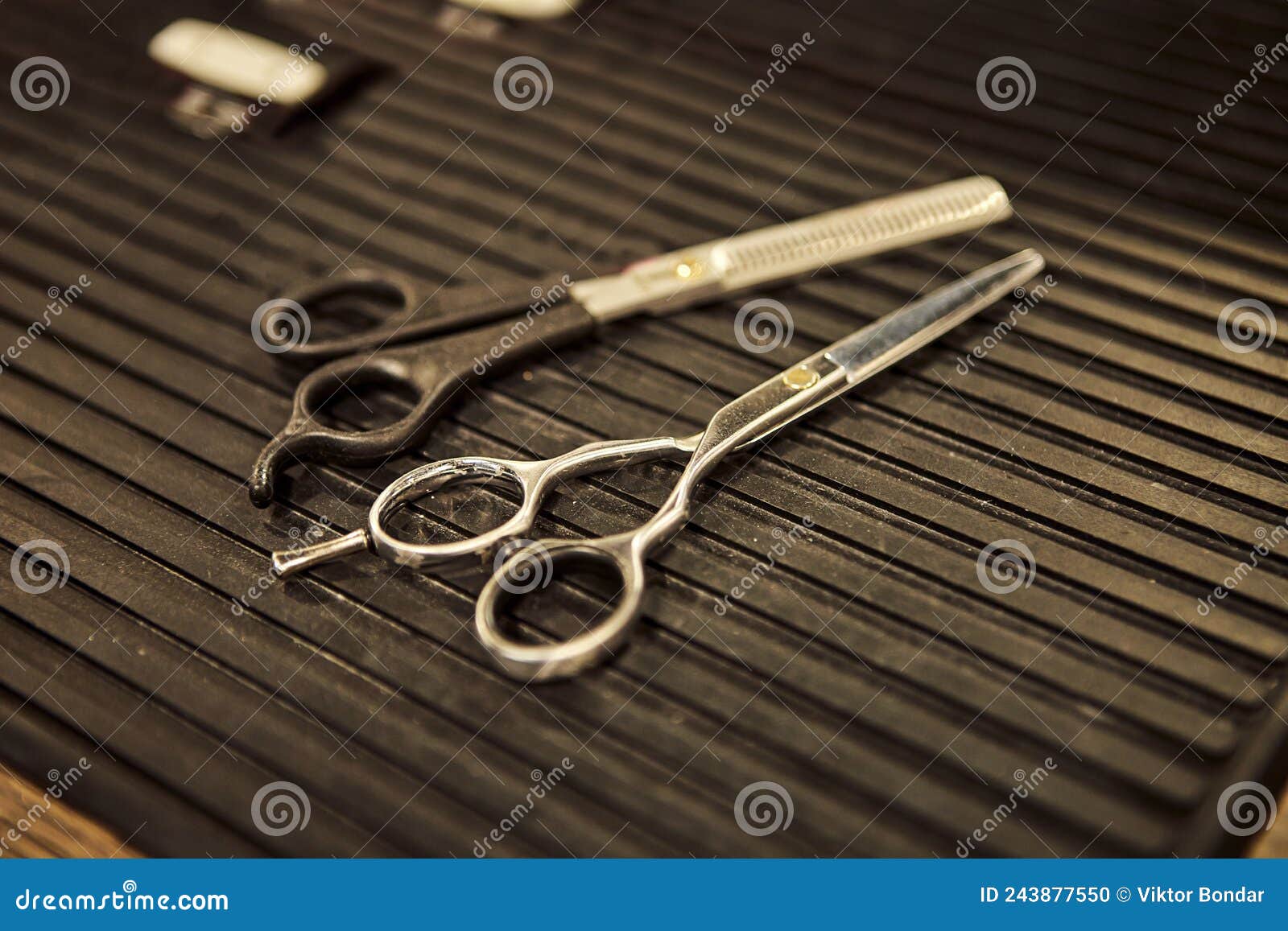 Barber Shops Tools. Scissors for Cutting Lying on the Table in a ...