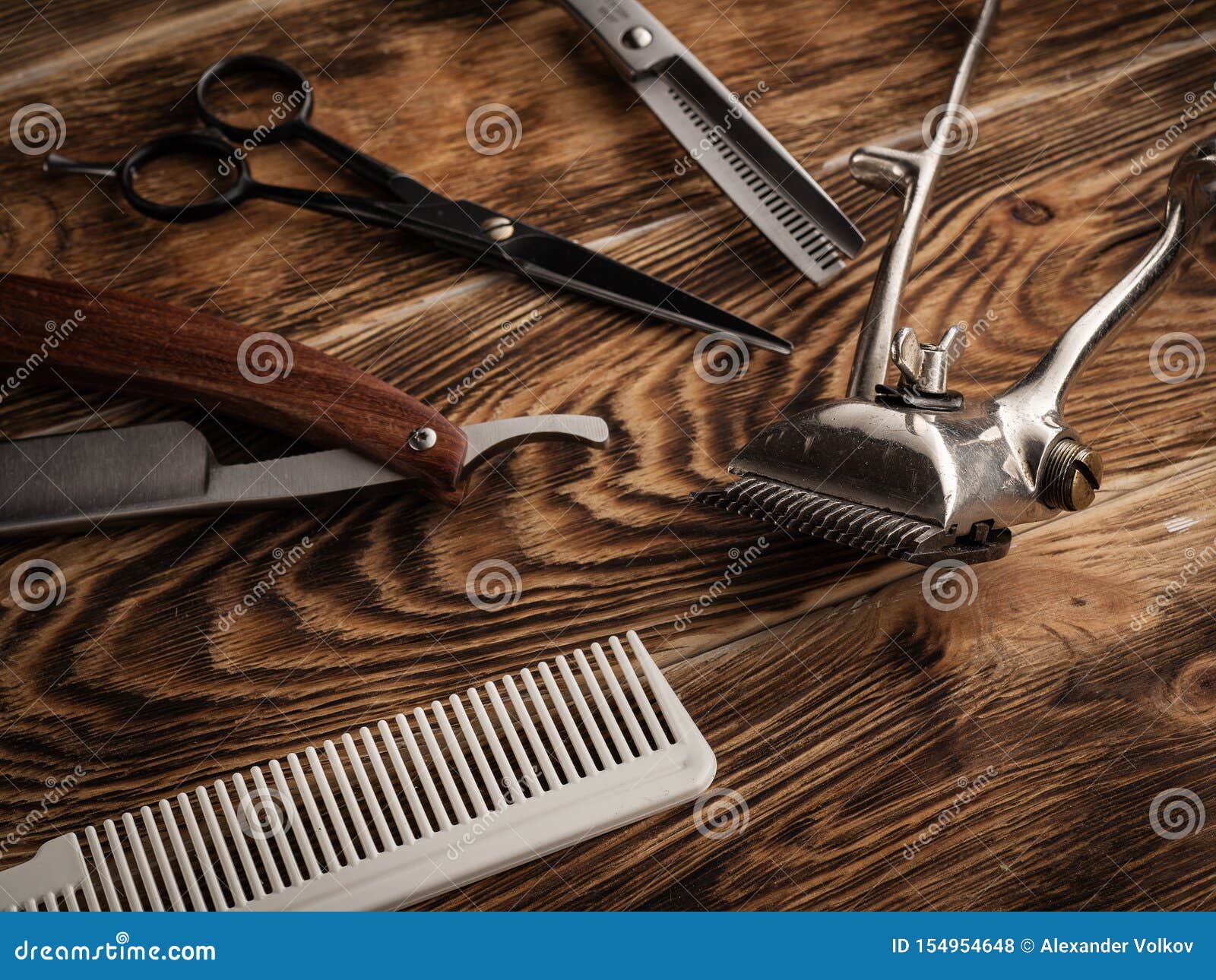 The Barber Shops Tools on Wooden Desk Stock Photo - Image of dryer ...